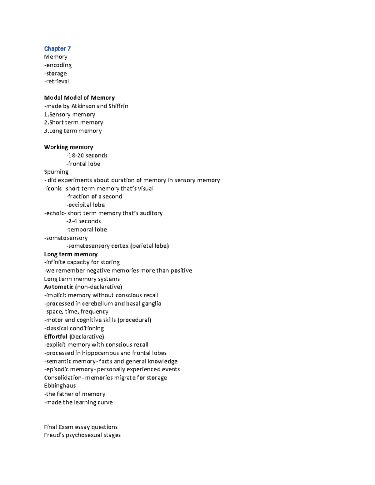 Intro Psych PSY101 - Lecture Notes on Memory Modal Model (Ch 7) - Studocu