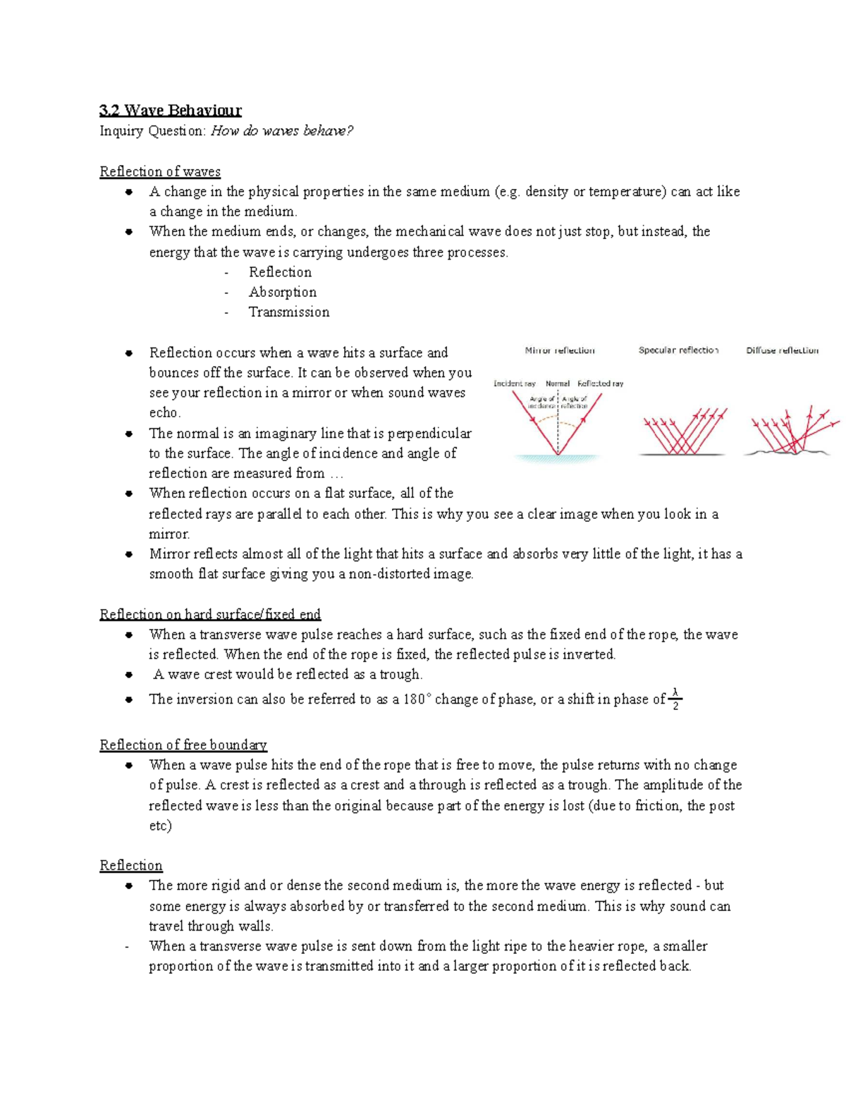 Physics Mod 3: 3.2 Wave Behavior and Reflection Notes - Studocu