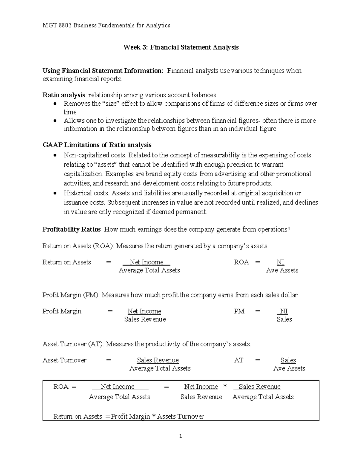 MGT 8803 Business Fundamentals: Week 3 Financial Statement Analysis ...
