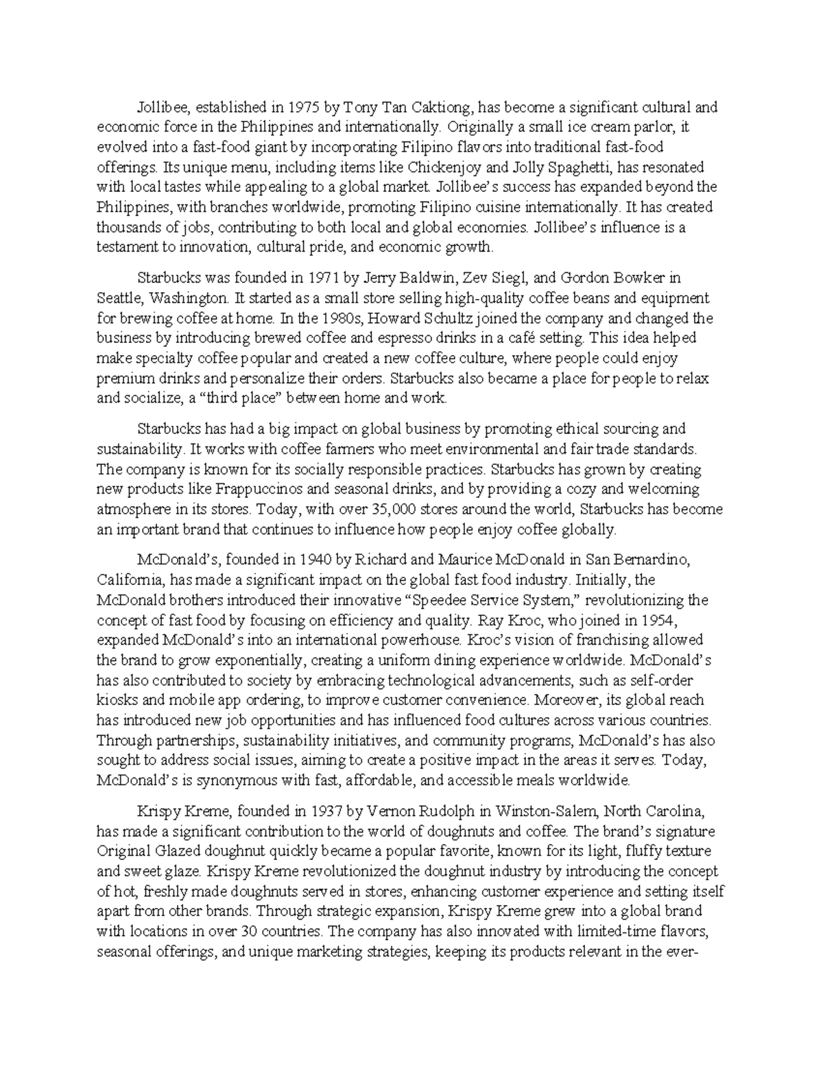 Compilation of notes - Jollibee, established in 1975 by Tony Tan ...