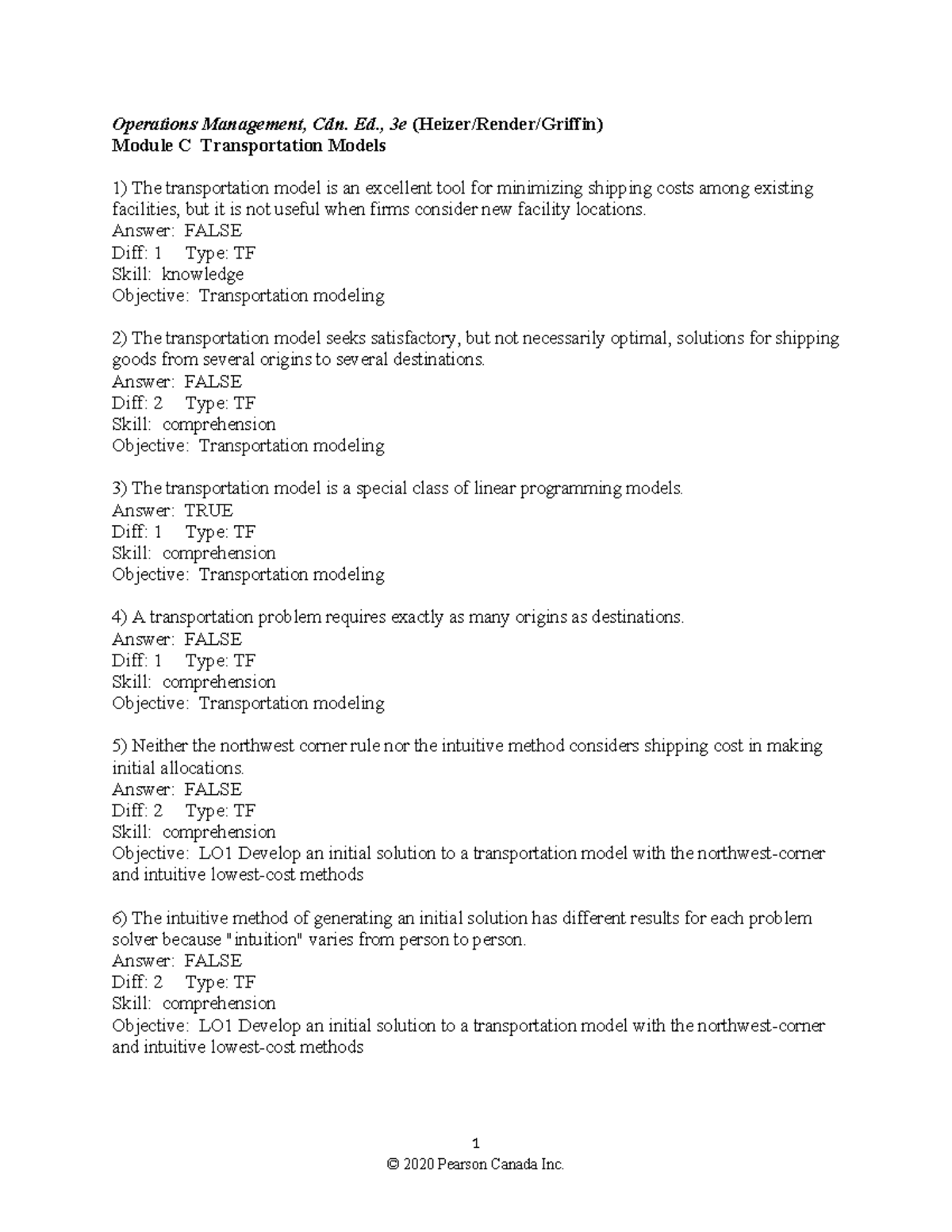 Module C Transportation Models Review for Operations Management (OM ...