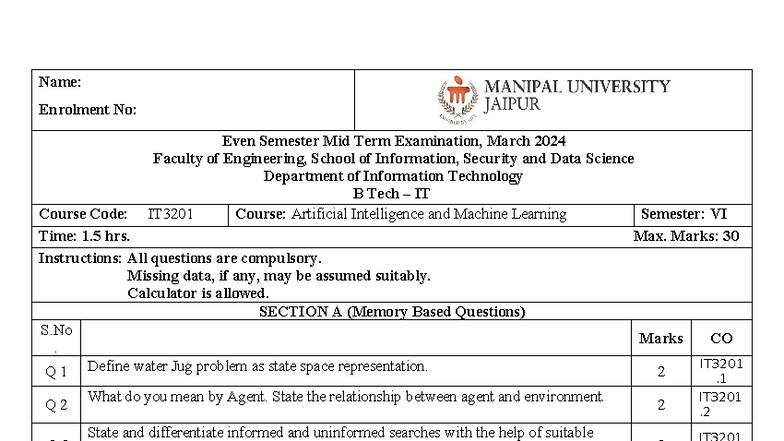 MTE Question Paper AIML March 24(6 - Name: Enrolment No: Even Semester ...