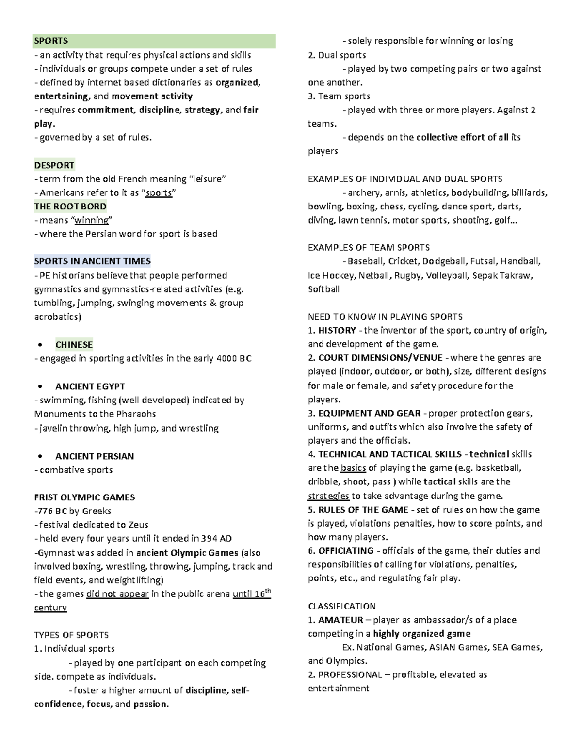 Sports: A Comprehensive Overview of History, Types, and Skills - Studocu