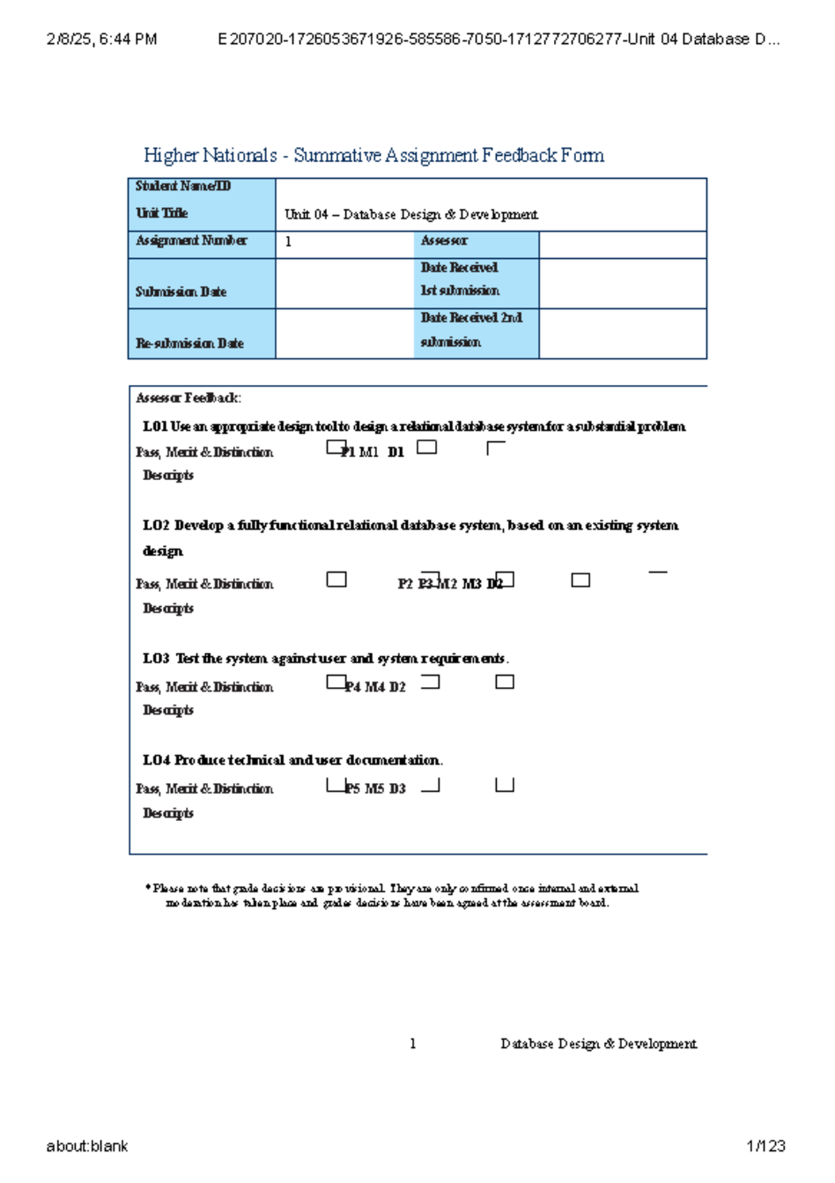 Unit 04: Database Design & Development - Summative Assignment Feedback 2024 - Studocu