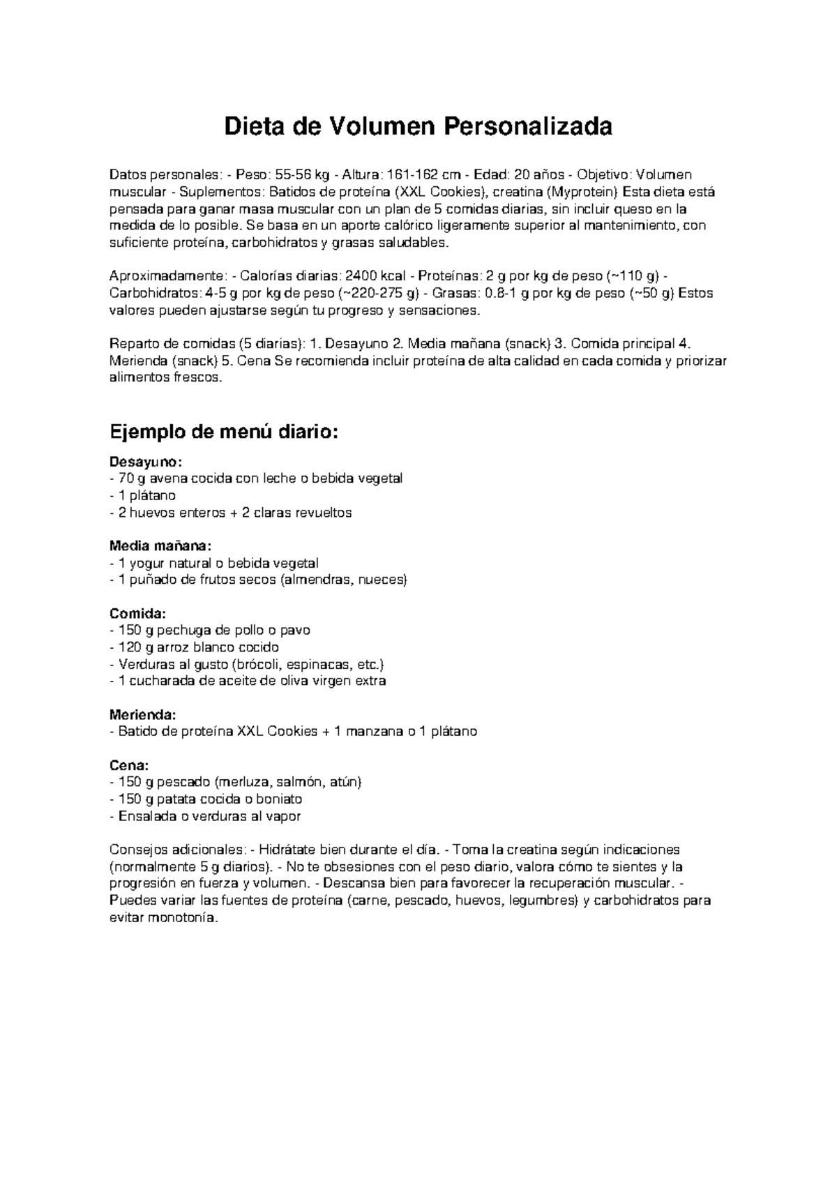 Dieta de Volumen Personalizada: Plan de Comidas y Suplementos - Studocu