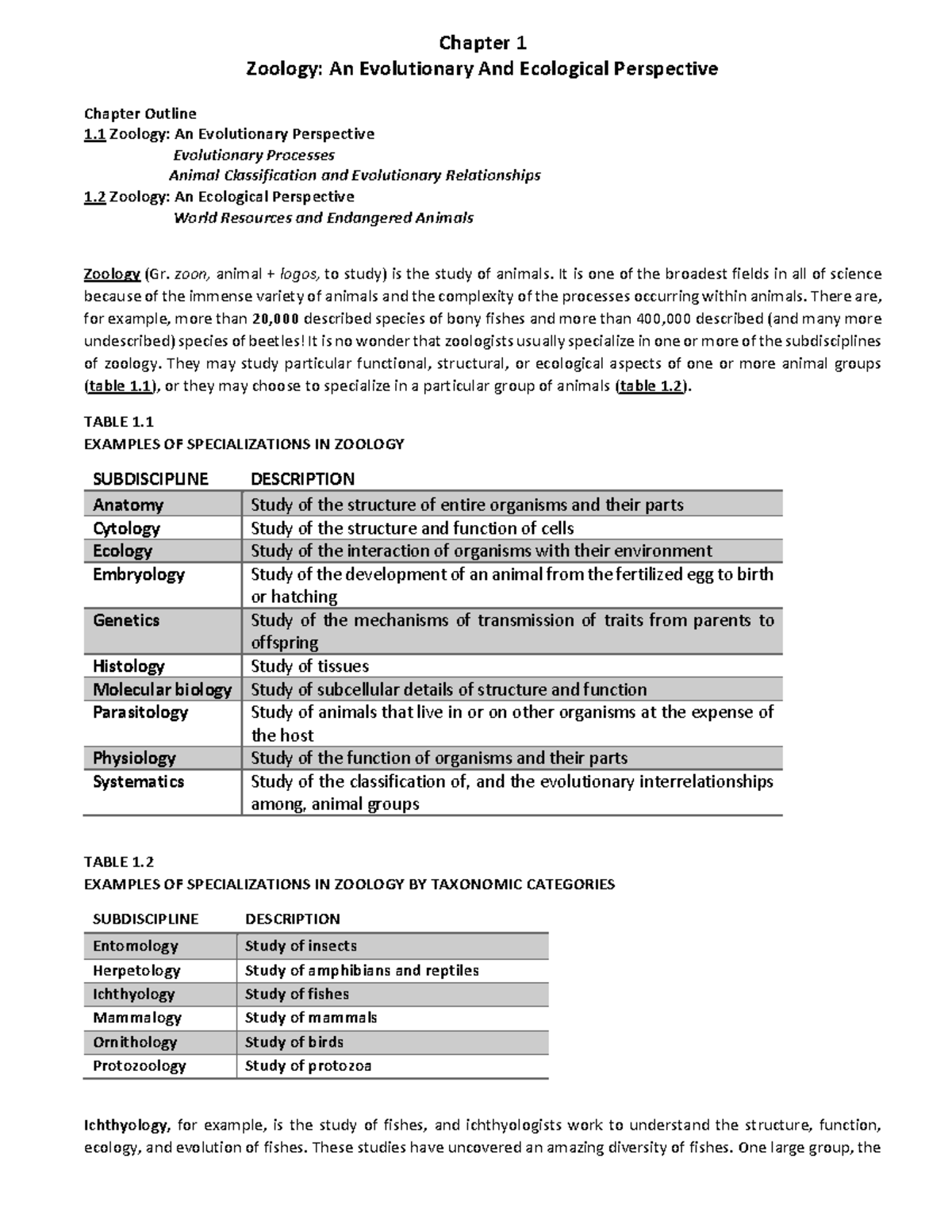 L1 - Zoology Chapter 1: Evolutionary & Ecological Insights - Studocu