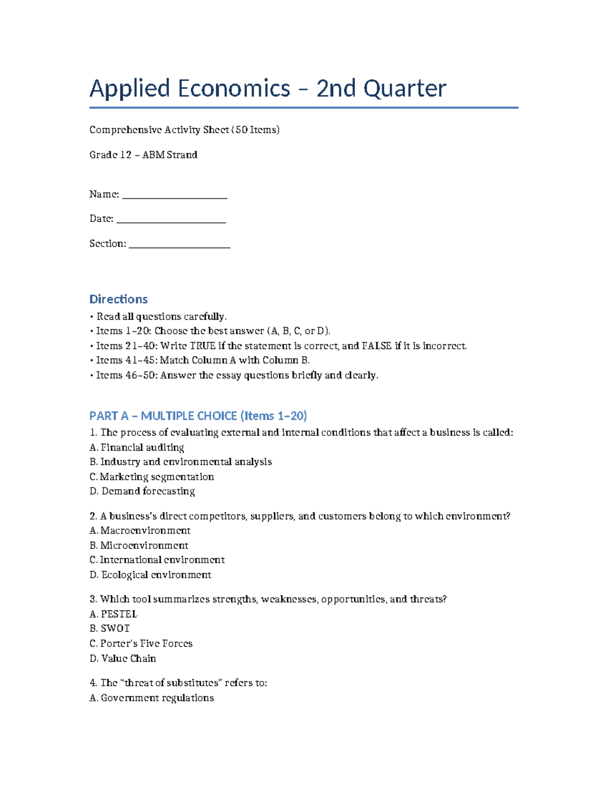 Applied Economics 12 ABM 2nd Quarter Comprehensive Activity Sheet - Studocu