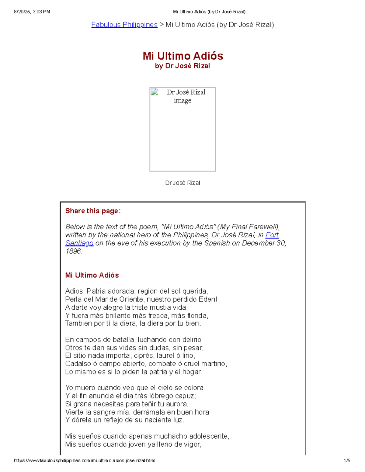 Mi Ultimo Adiós: Poem Analysis & Insights (Philippine Literature) - Studocu