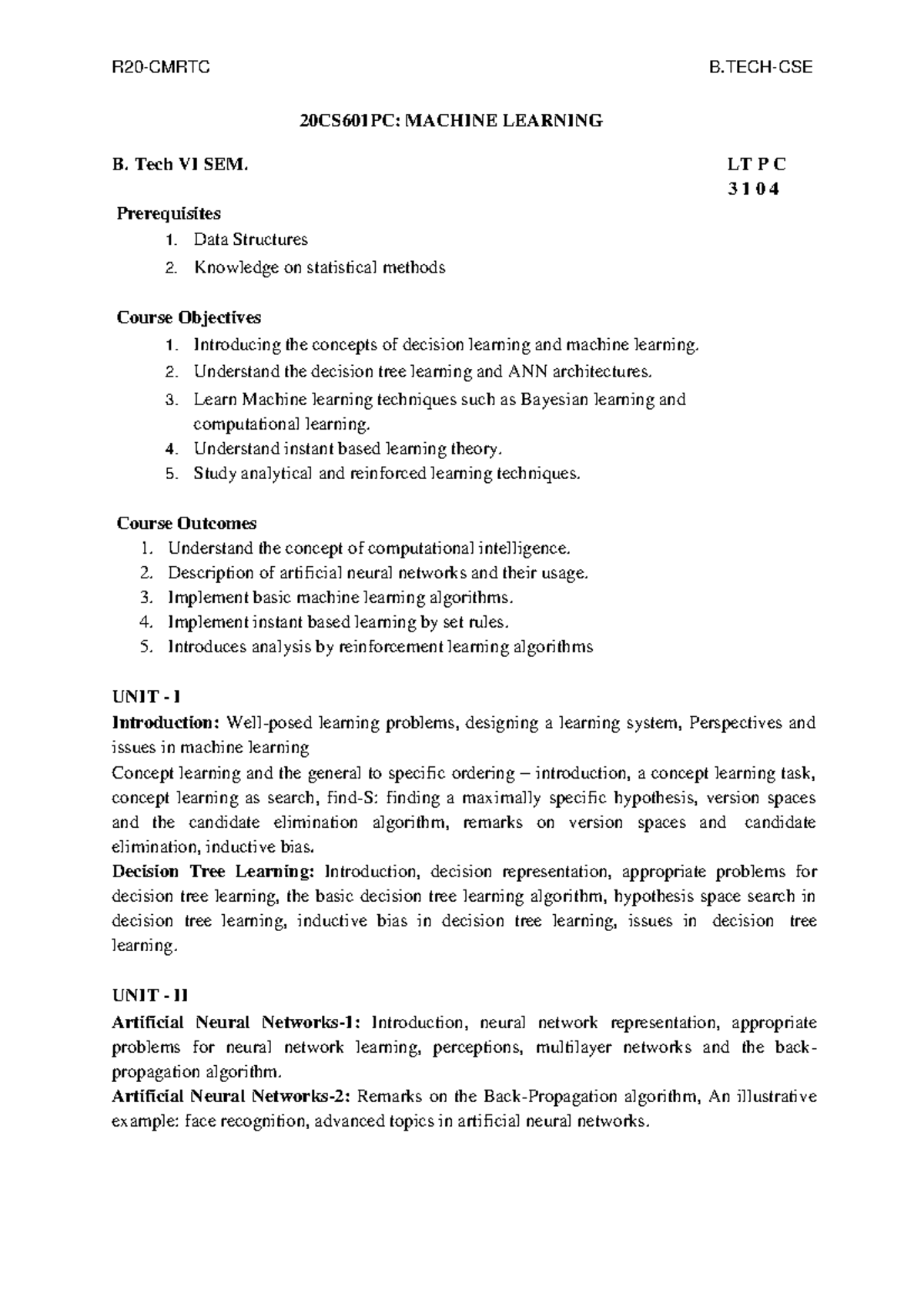 ML - Machine learning is Syllubus - R20-CMRTC B-CSE 20CS601PC: MACHINE ...