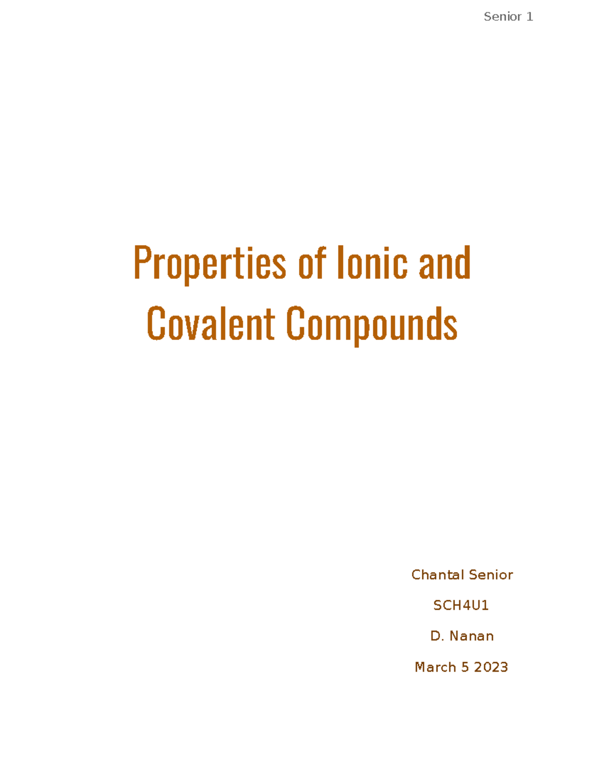 SCH4U1 Properties of Ionic and Covalent Compounds - Properties of Ionic and Covalent Compounds ...