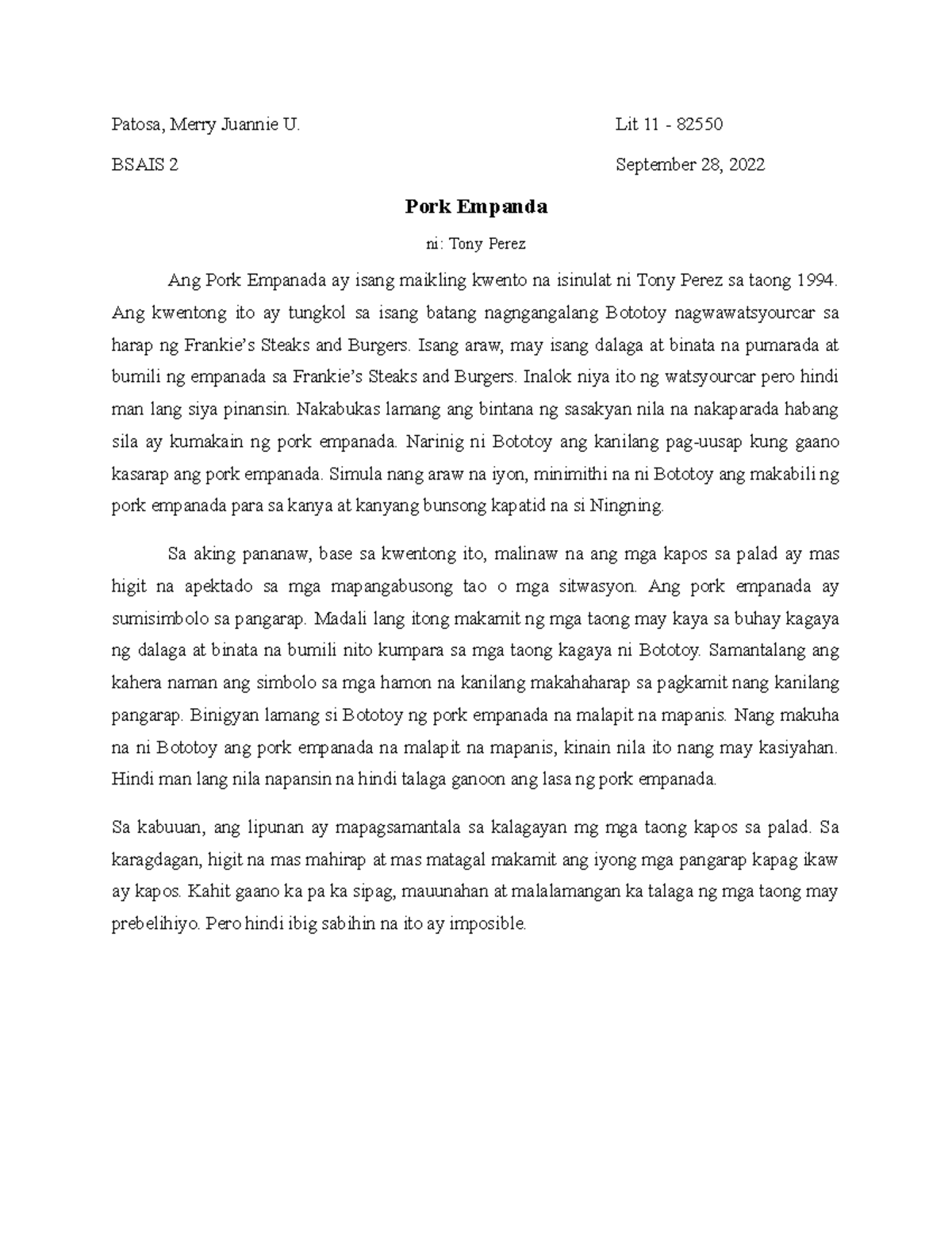 Patosa, pork empanada - Essay - Patosa, Merry Juannie U. Lit 11 - 82550 ...