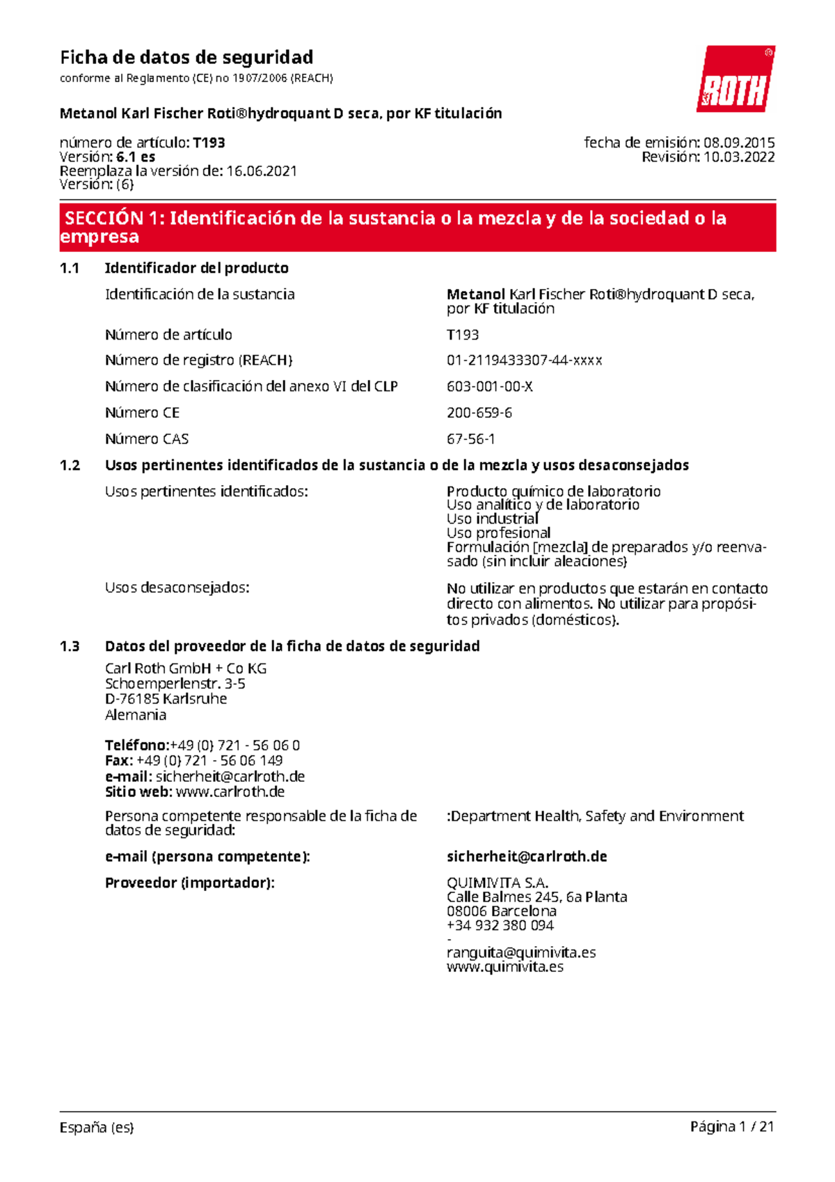 Ficha de Datos del Metanol - SECCIÓN 1: Identificación de la sustancia ...