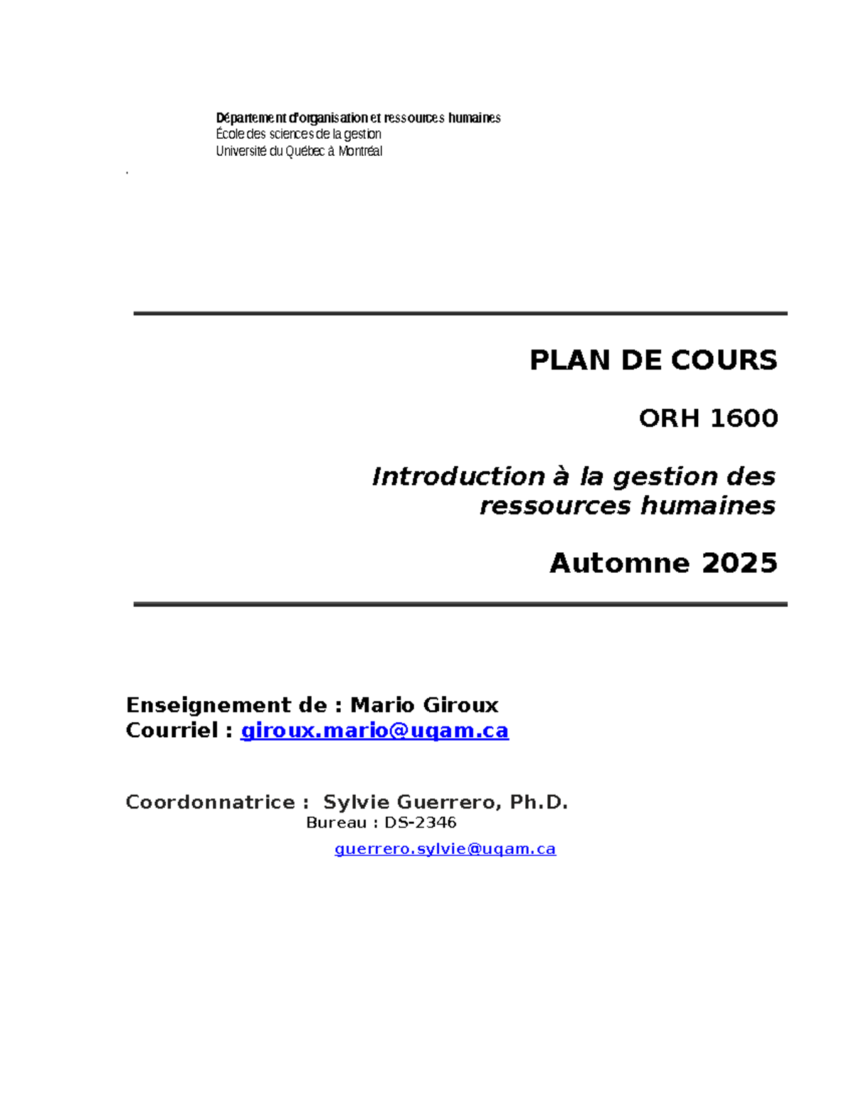 ORH 1600 - Plan de Cours Introduction à la Gestion des Ressources Humaines - Studocu