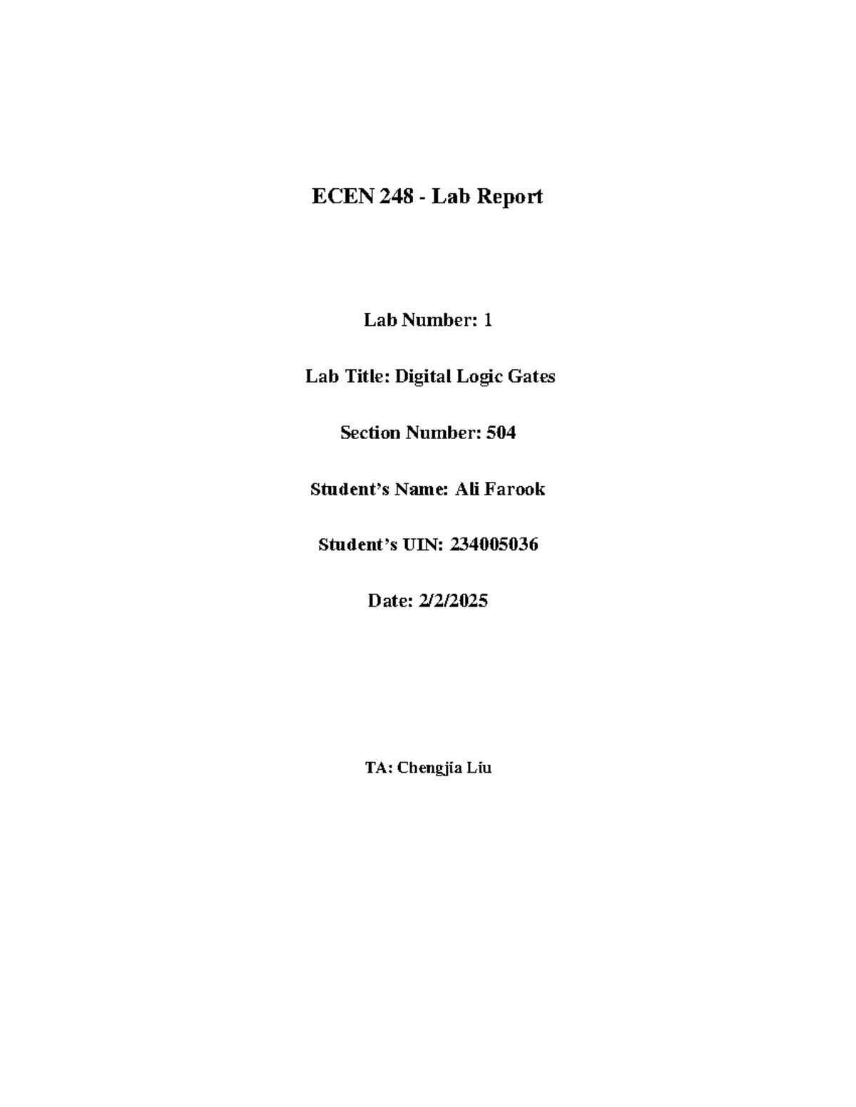 Ecen 248 lab 1 - ECEN 248 LAB 1 TAMU - ECEN 248 - Lab Report Lab Number ...