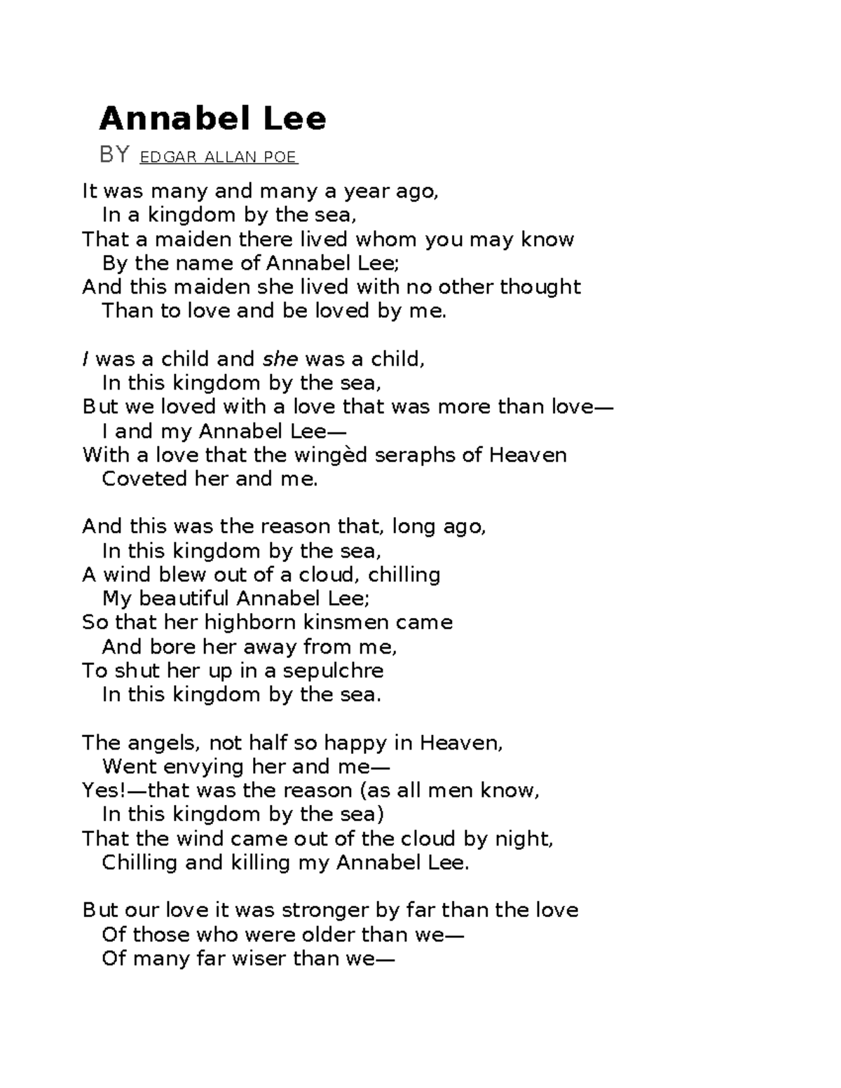 Edgar Allan Poe's "Annabel Lee" Poem Analysis & Overview - Studocu