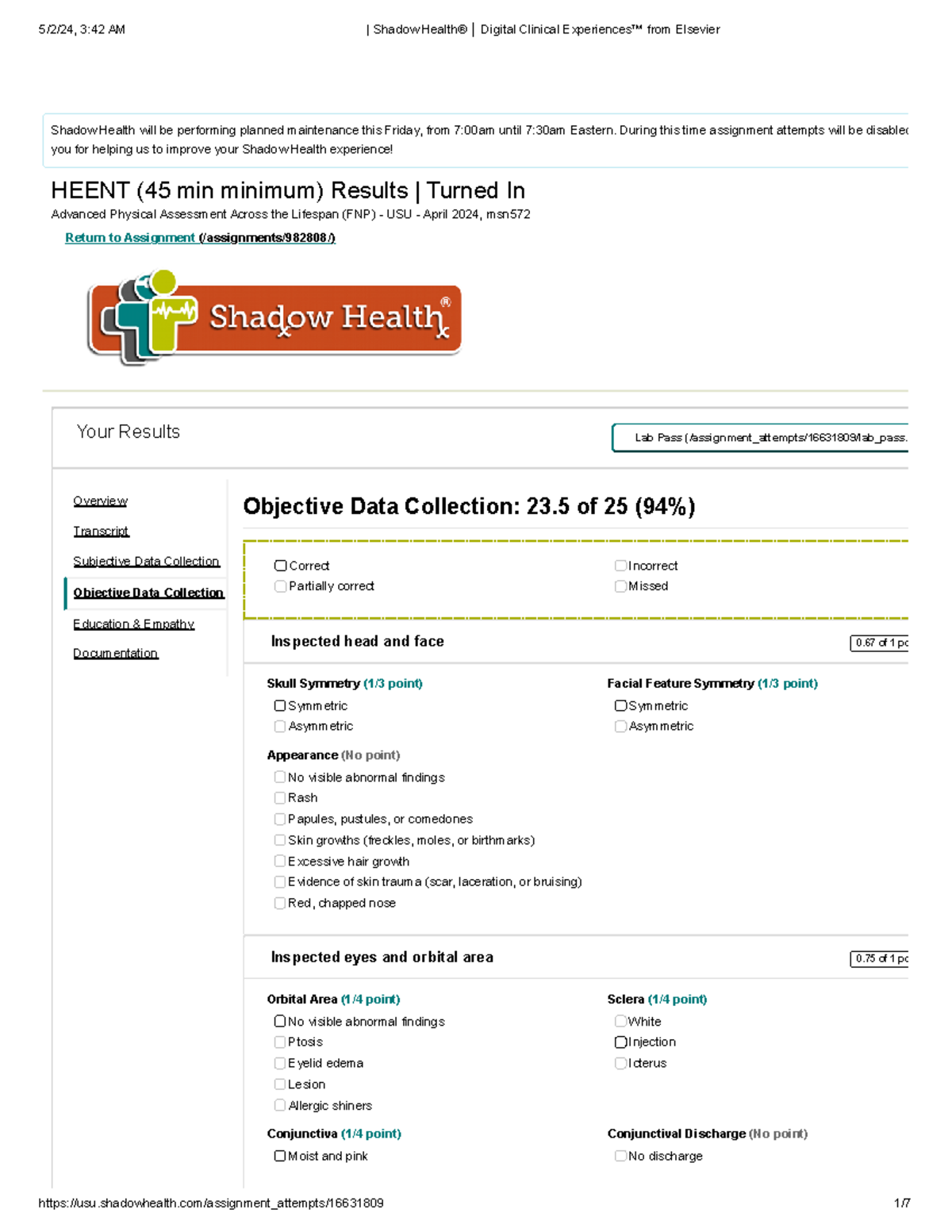 Shadow Health Heent Objective - HEENT (45 min minimum) Results | Turned ...
