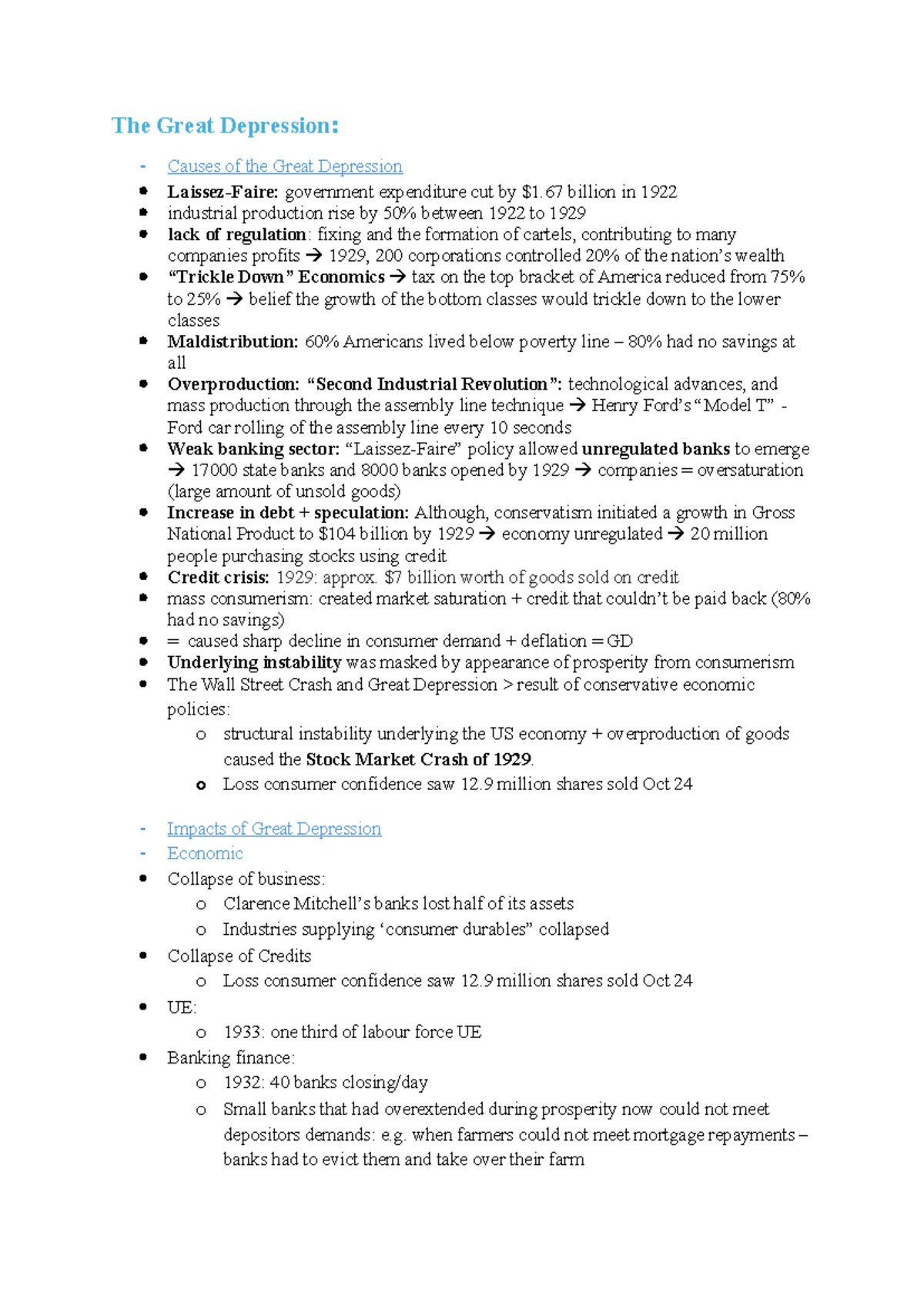 Great Depression Essay Plan: Causes, Impacts, and Responses - Studocu