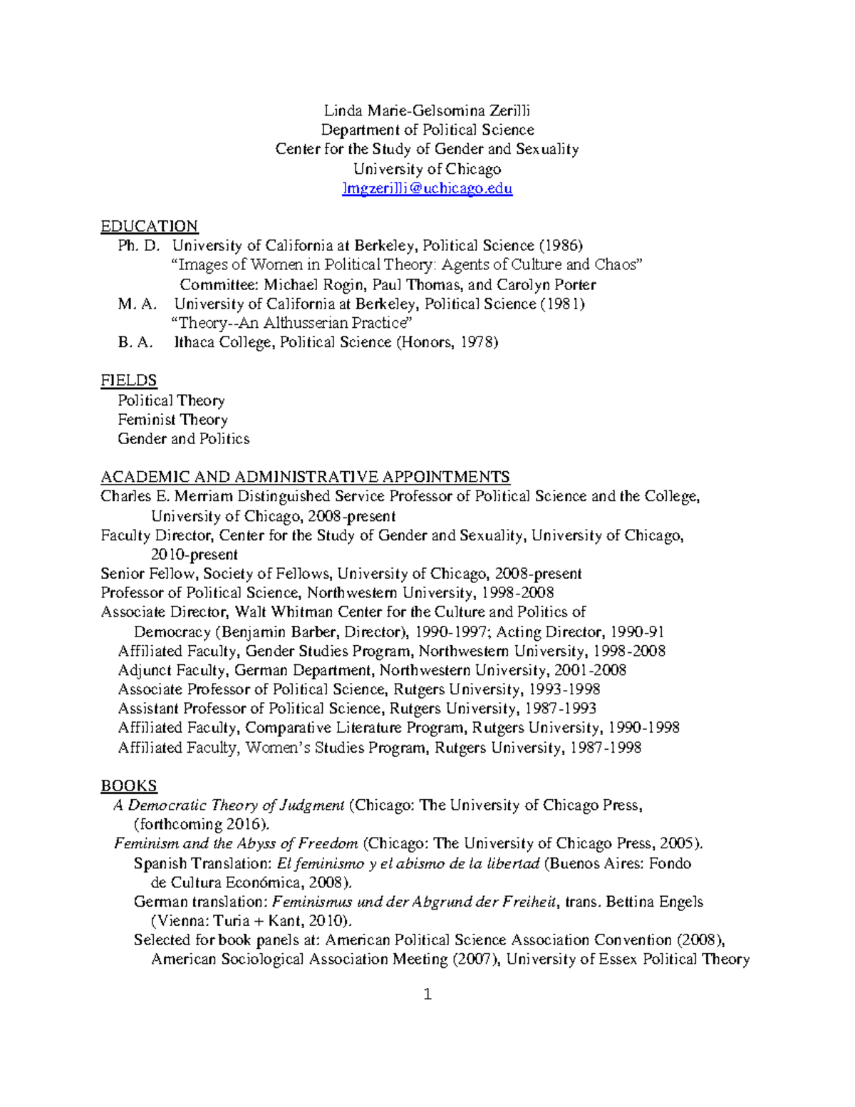 Zerilli CV & Academic Achievements (Political Science, 2015) - Studocu