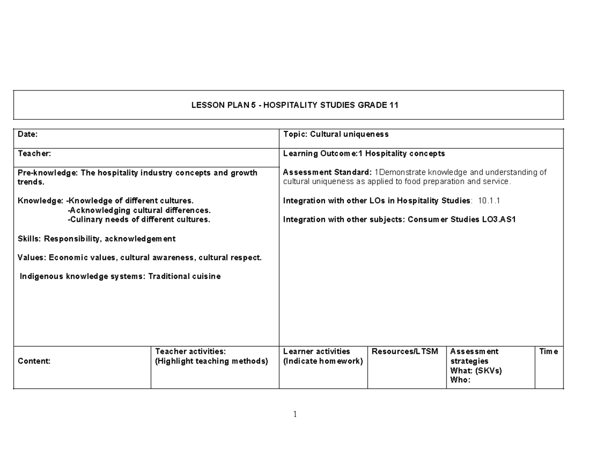 CULTURAL DIVERSITY LESSON PLAN 5 HOSPITALITY STUDIES GRADE 11 - Studocu