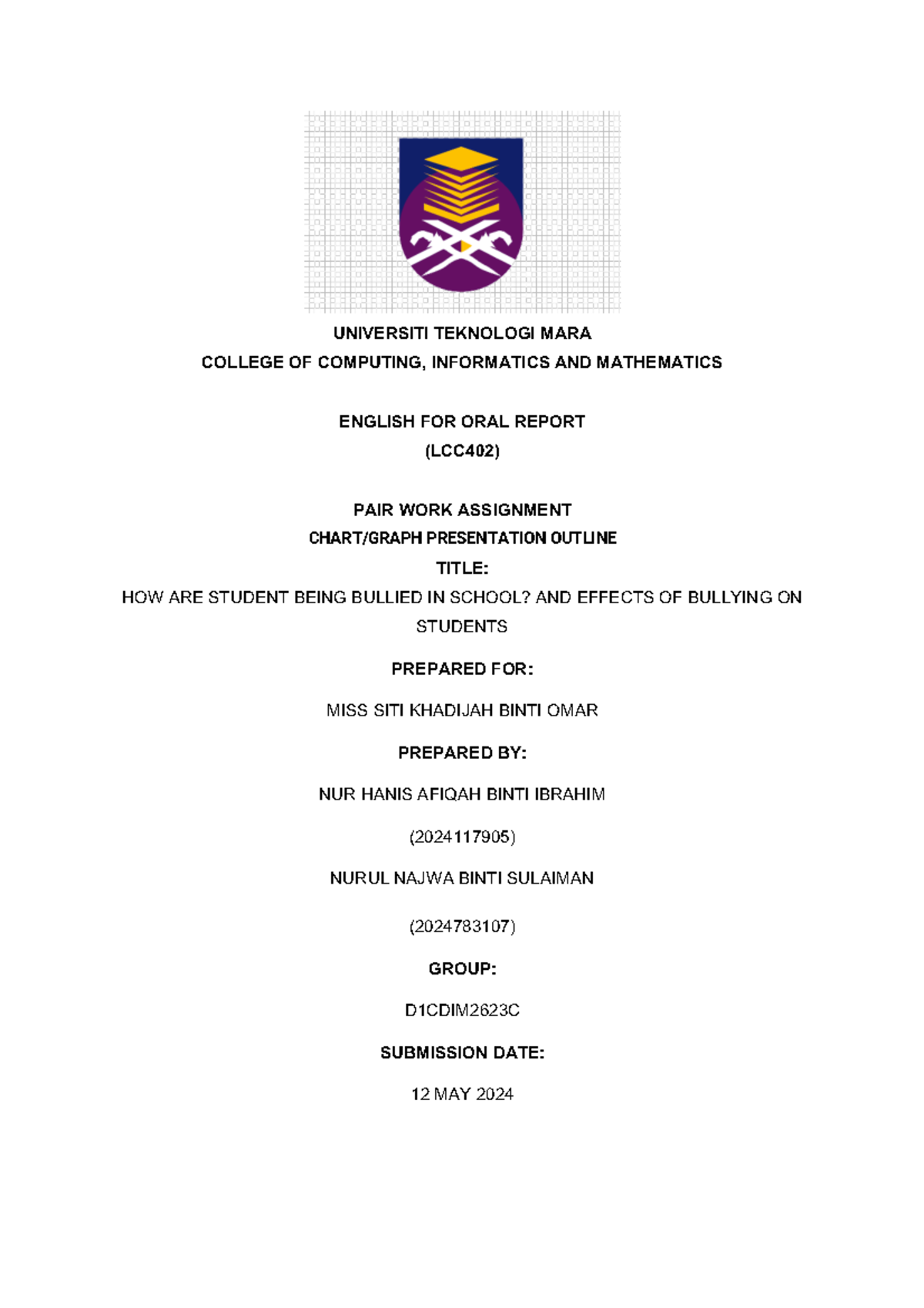 LCC402 Pairwork Assignment: Chart Presentation on School Bullying - Studocu