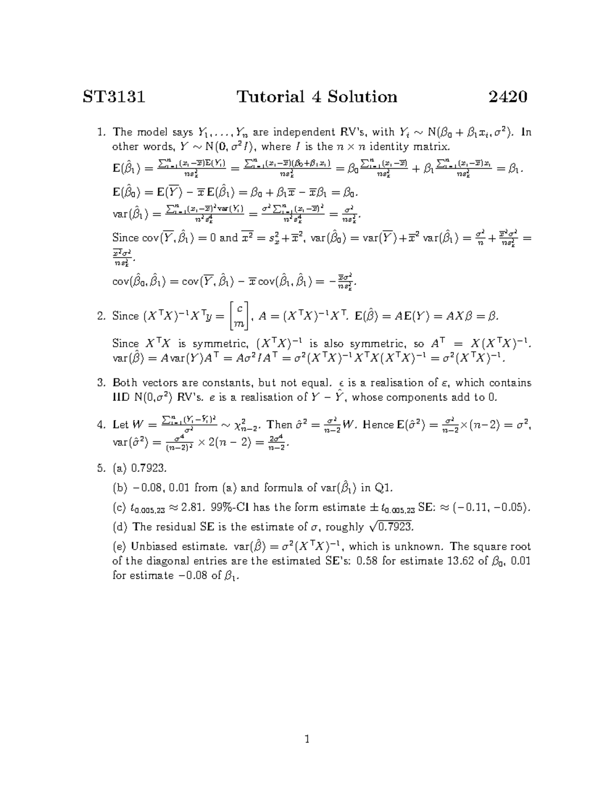 ST3131 Tutorial 4 Solutions: Statistical Model Analysis and Results ...