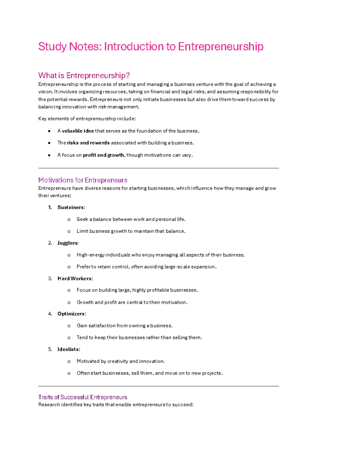 Study Notes (Introduction to Entrepreneurship) - It involves organizing ...