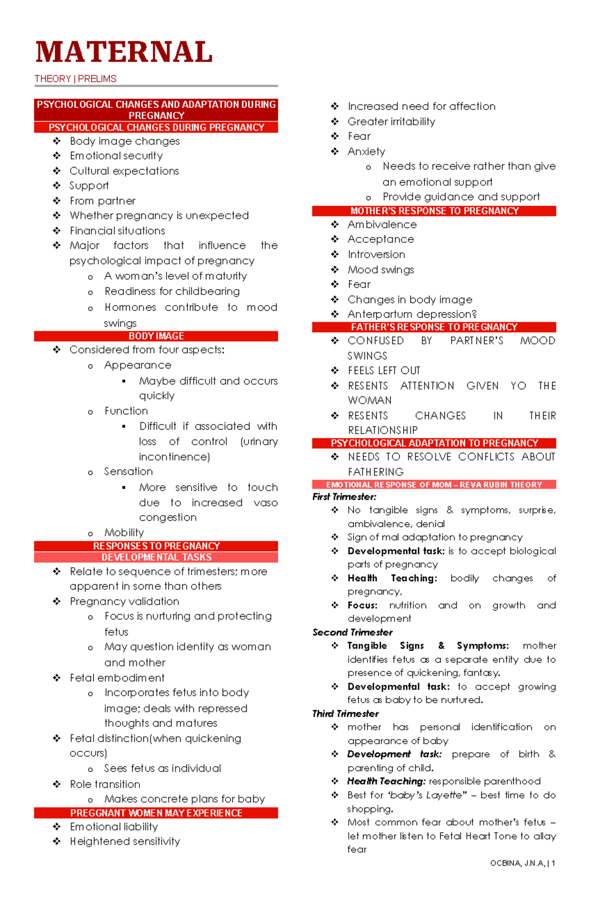 PSYCHOLOGICAL ADAPTATIONS DURING PREGNANCY | MATERNAL THEORY PRELIMS ...