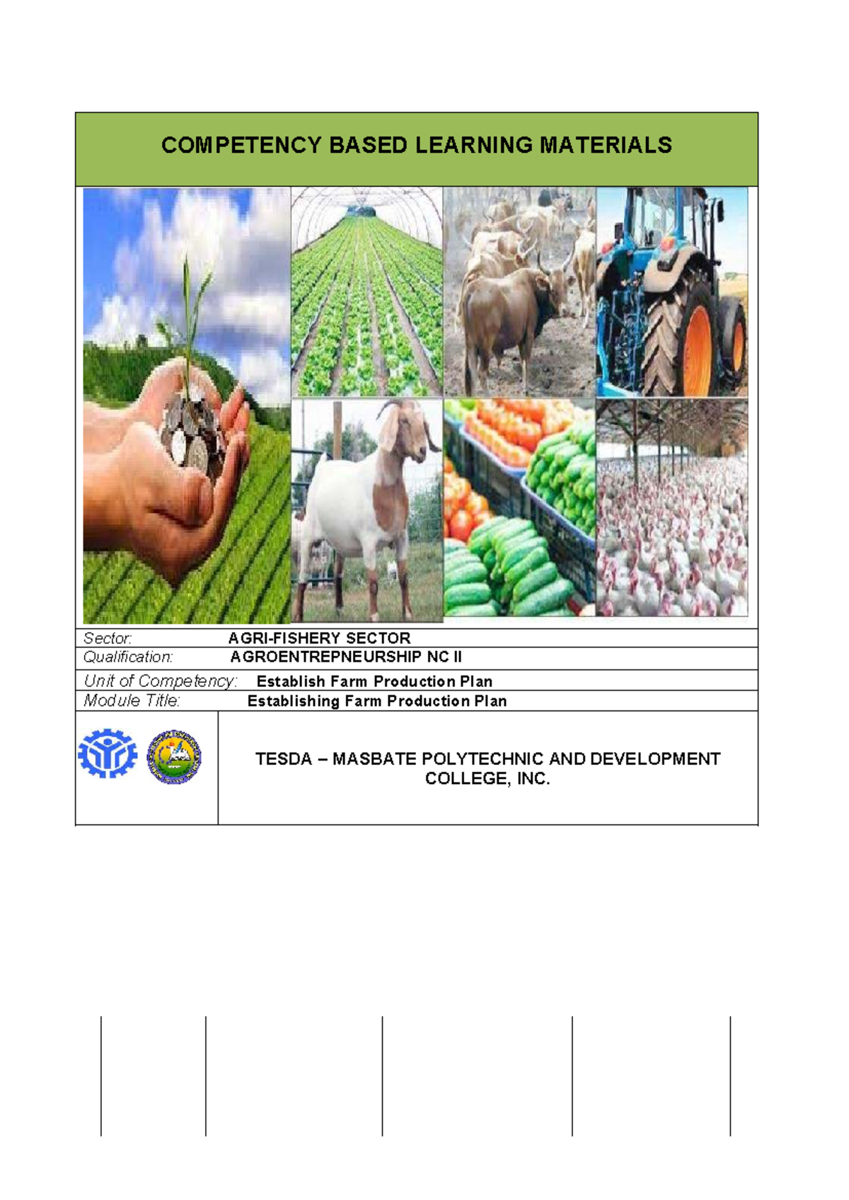 Establishing Farm Production Plan CBLM for AGROENTREPRENEURSHIP NC II ...