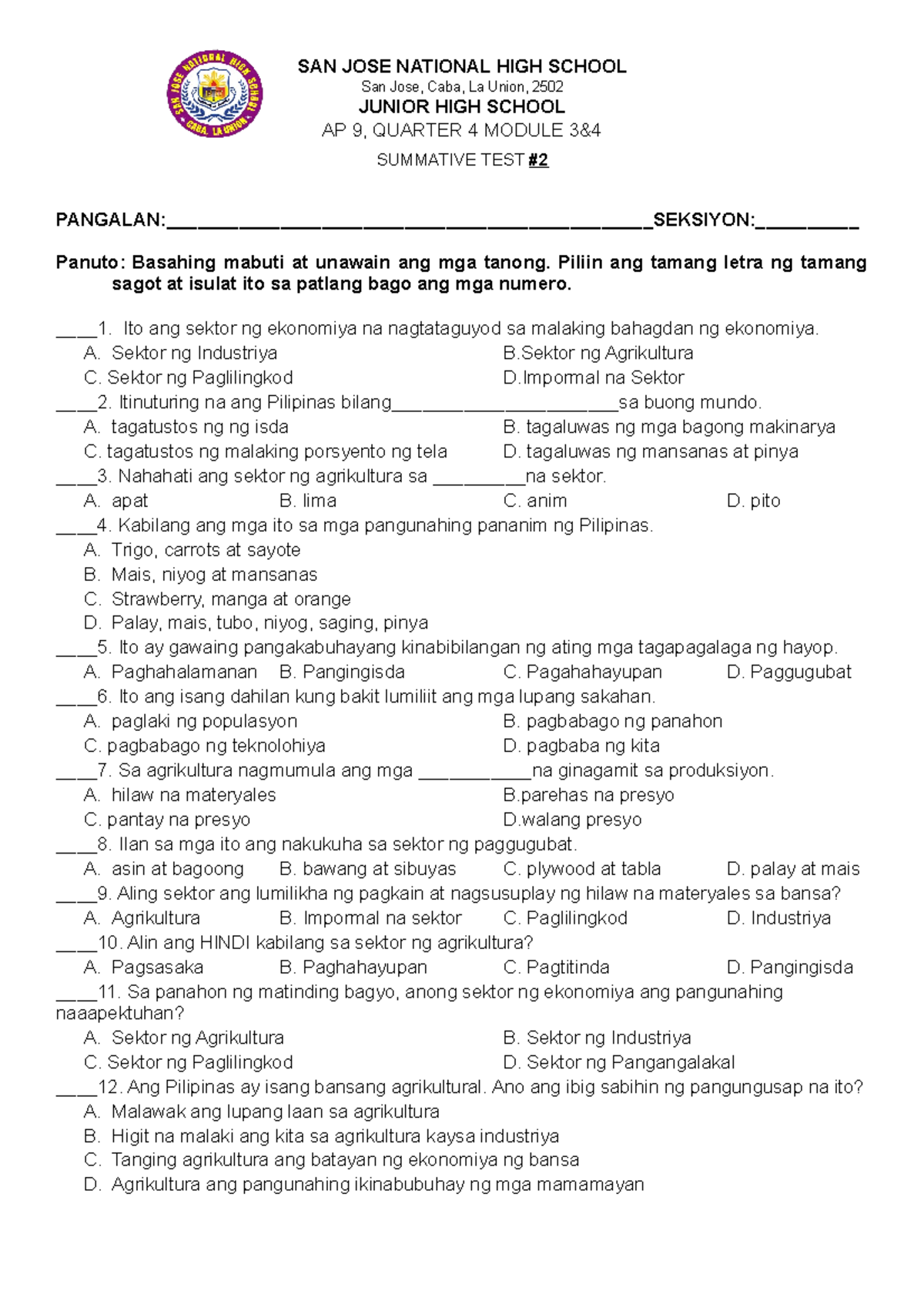 AP9-SUM2 - Quarter 4 Summative Test on Agricultural Economics - Studocu