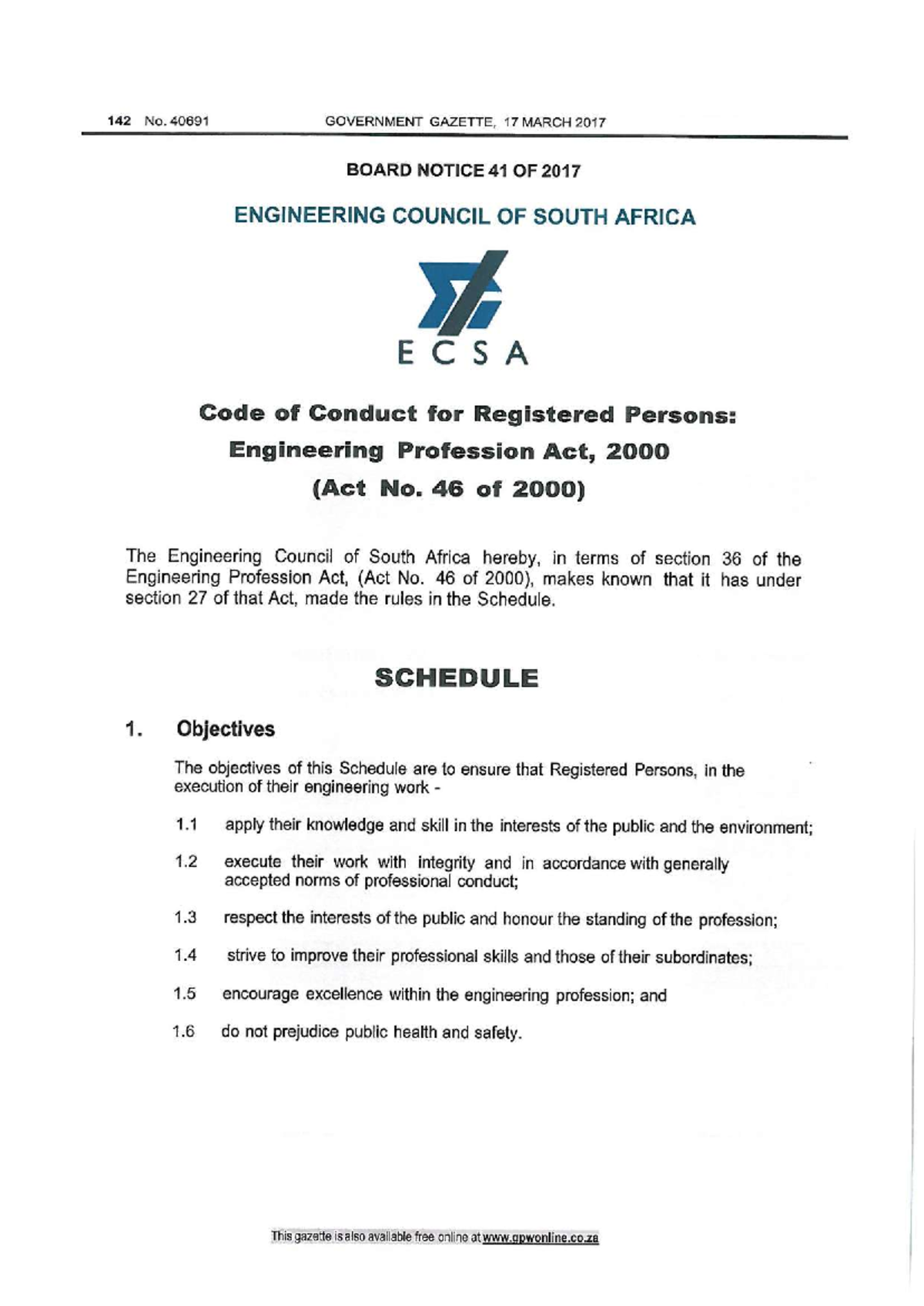 ECSA Code of Conduct for Registered Engineers: Board Notice 41 of 2017 ...
