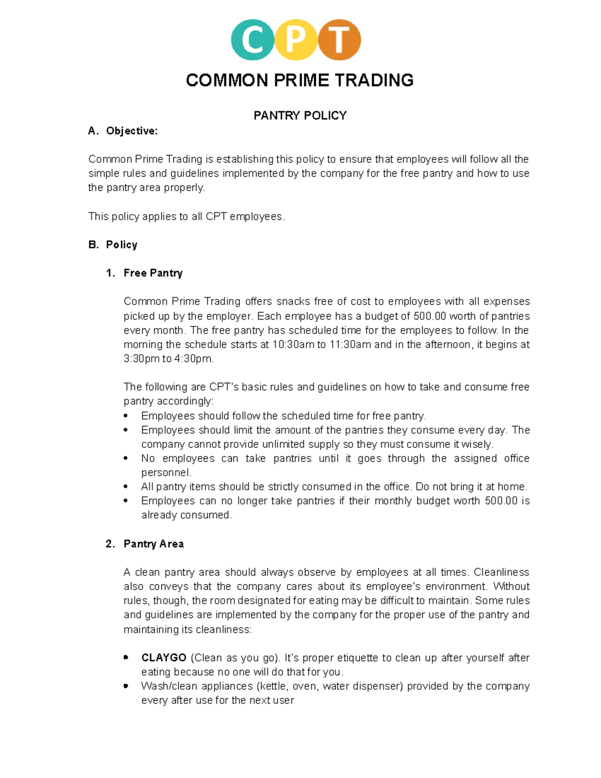 CPT Pantry Policy Guidelines and Rules for Employees - Studocu