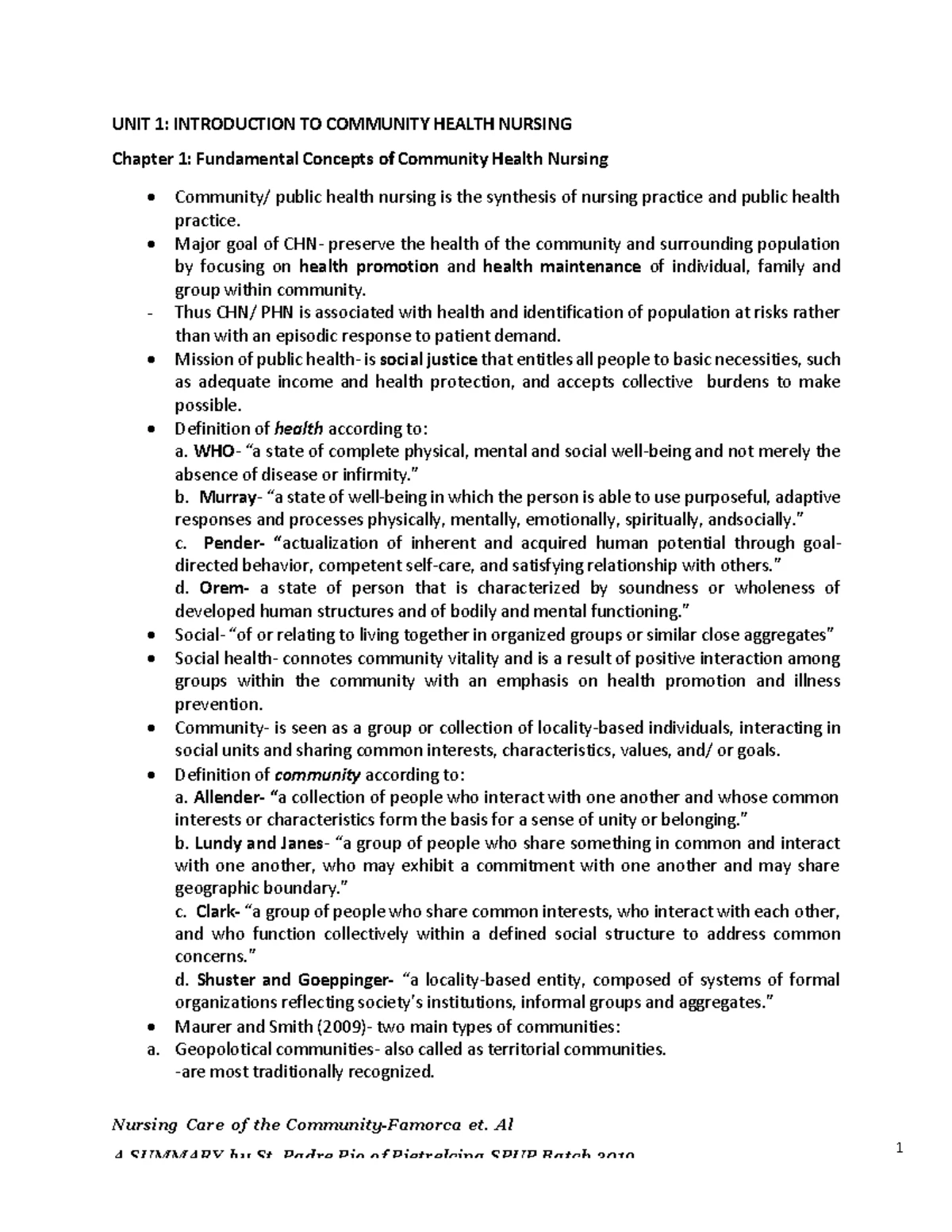 Community Health Nursing - COMMUNITY HEALTH NURSING UNIT 1 COMMUNITY ...