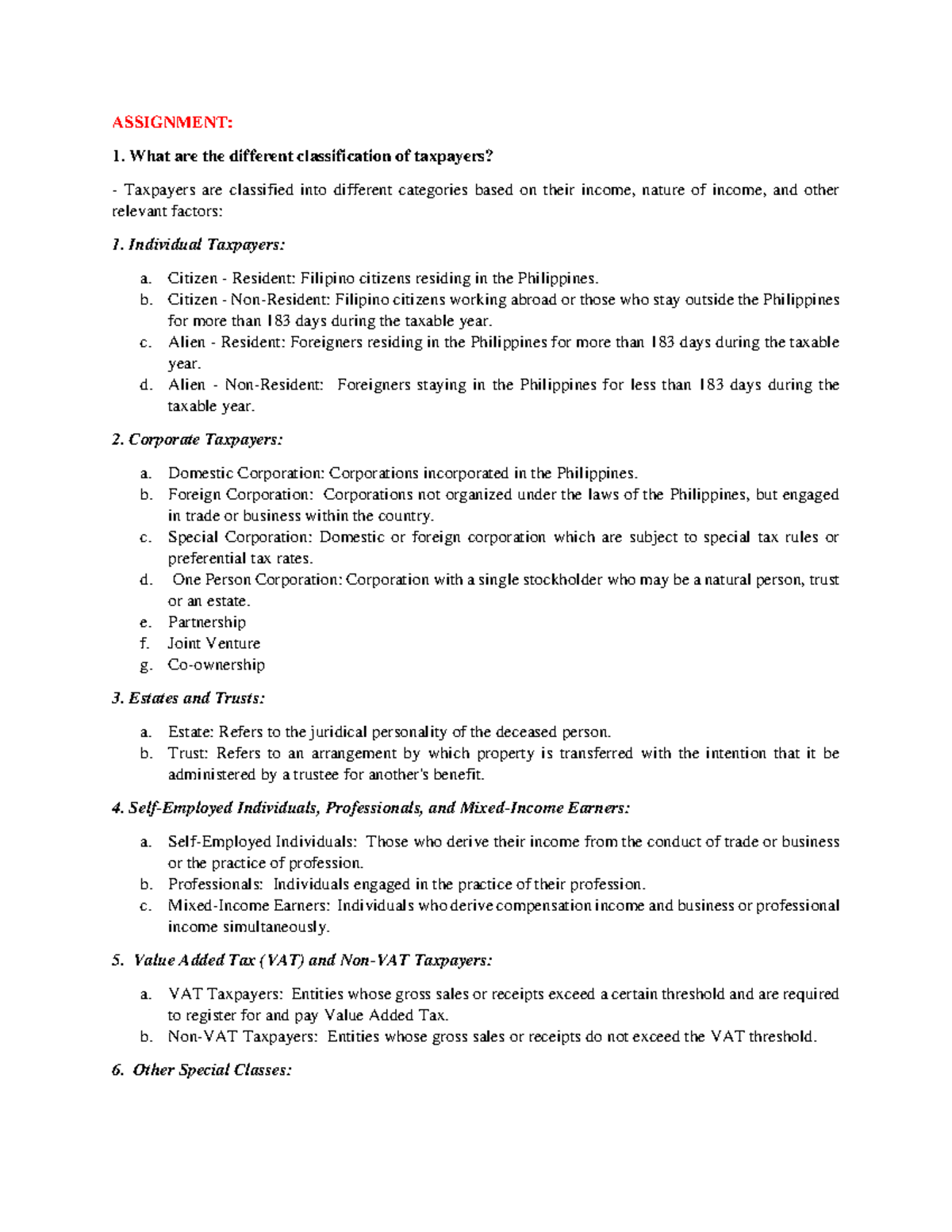 Income Taxation - Classification of Taxpayers and Income Tax Types ...