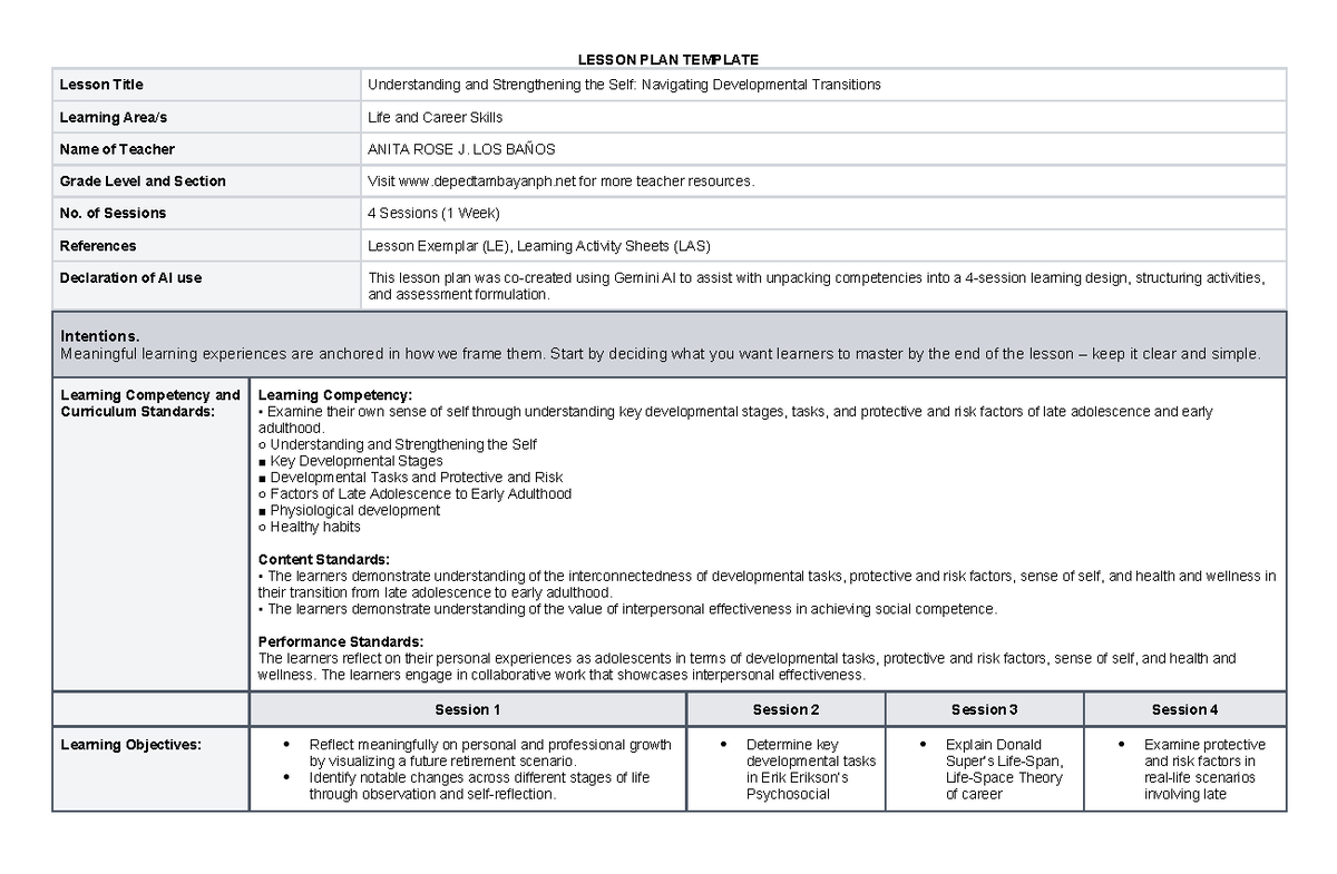 LCS-T1-W1: Lesson Plan on Understanding Self in Developmental ...