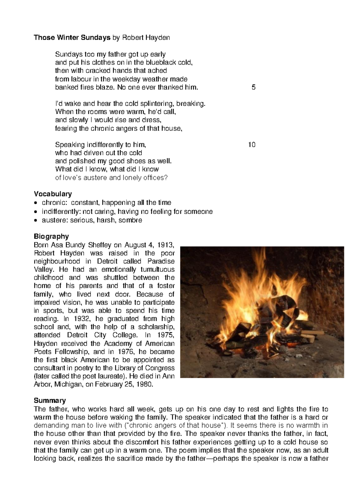 Those Winter Sundays - Poetry Analysis & Summary Notes - Studocu