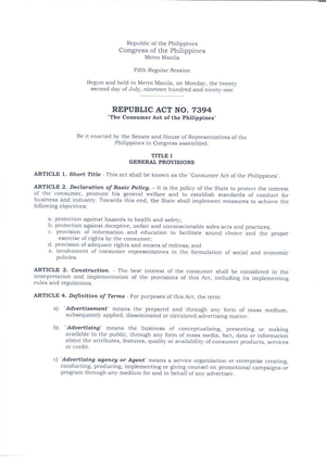RA 7394 The Consumer Act of the Philippines - REPUBLIC ACT NO. 7394 THE ...