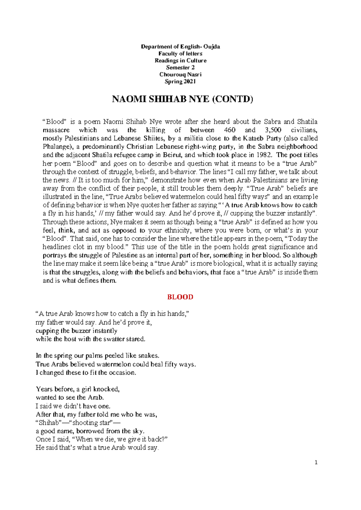 Naomi Shihab Nye's Poems: Blood & Different Ways to Pray Analysis - Studocu