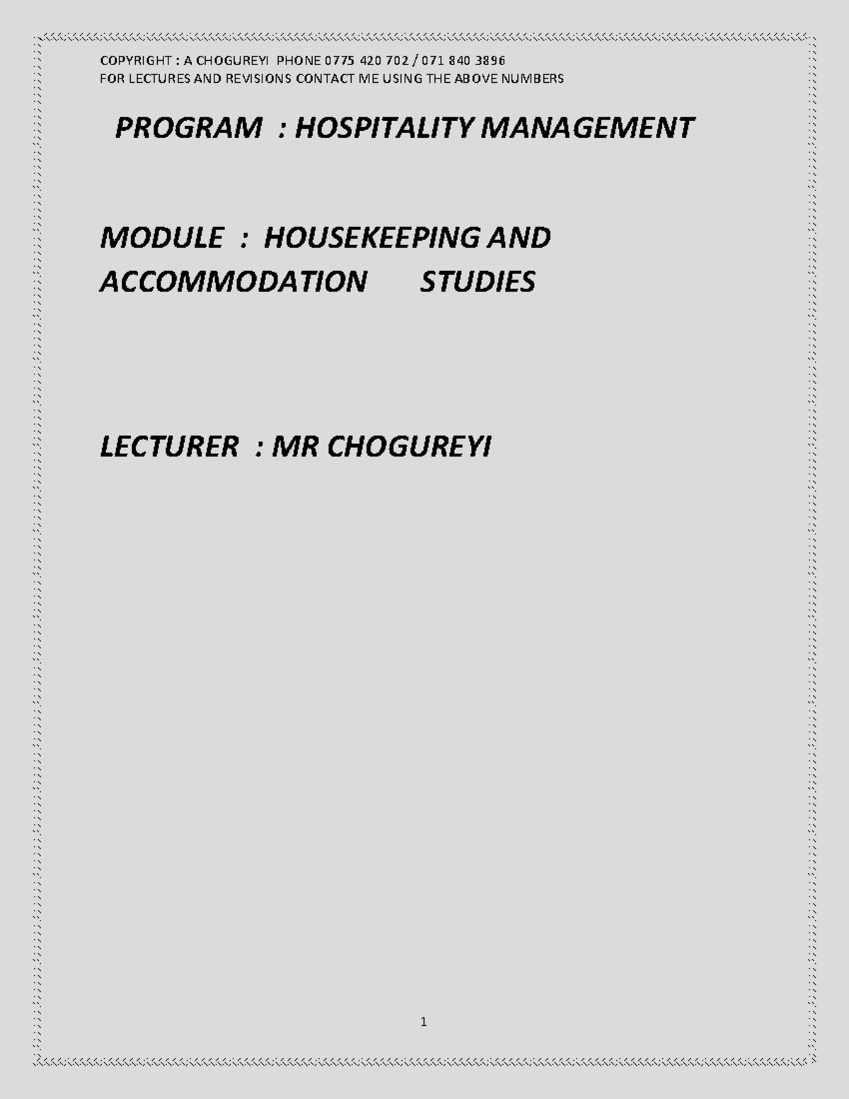 Housekeeping & Accommodation Studies: Notes for HOSP 101 Module - Studocu