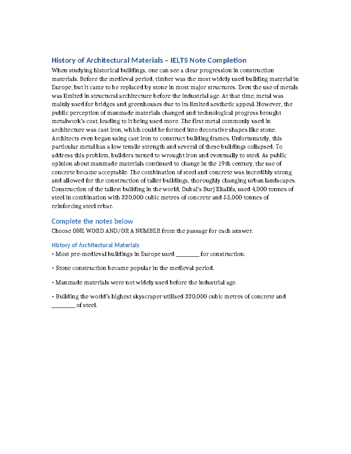 History of Architectural Materials IELTS Note Completion Guide - Studocu