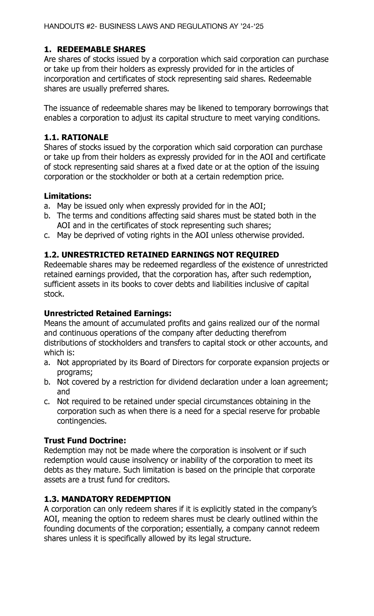BUSINESS LAWS AND REGULATIONS HANDOUTS AY 1: REDEEMABLE SHARES - Studocu
