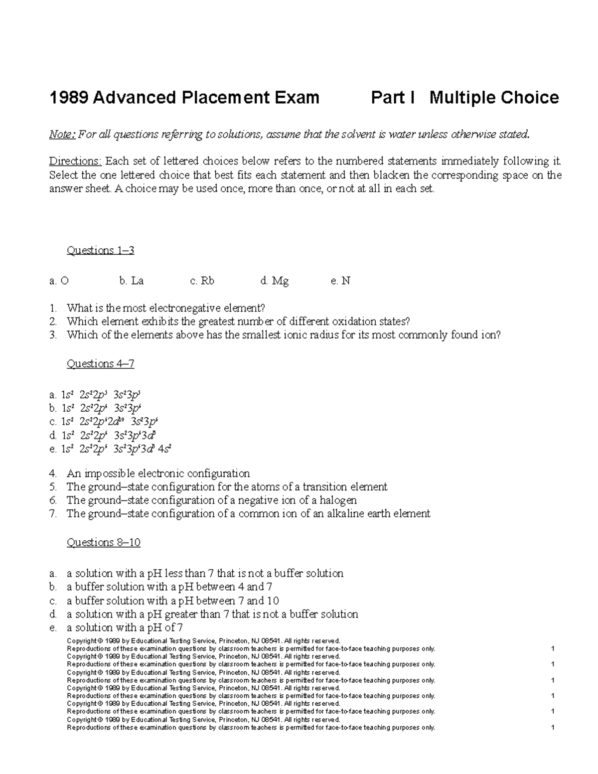 AP Chemistry 1989 Multiple Choice Questions for Final Exam - Studocu