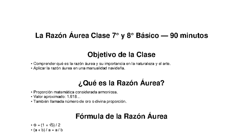 Razón Áurea: Clase Básica de 90 Minutos en Ciencias Naturales - Studocu
