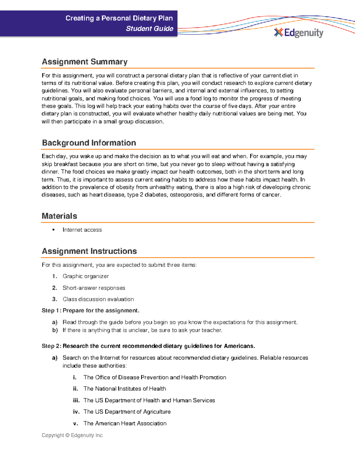 Creating a Personal Dietary Plan - EDGE 2023 Assignment Guide - Studocu