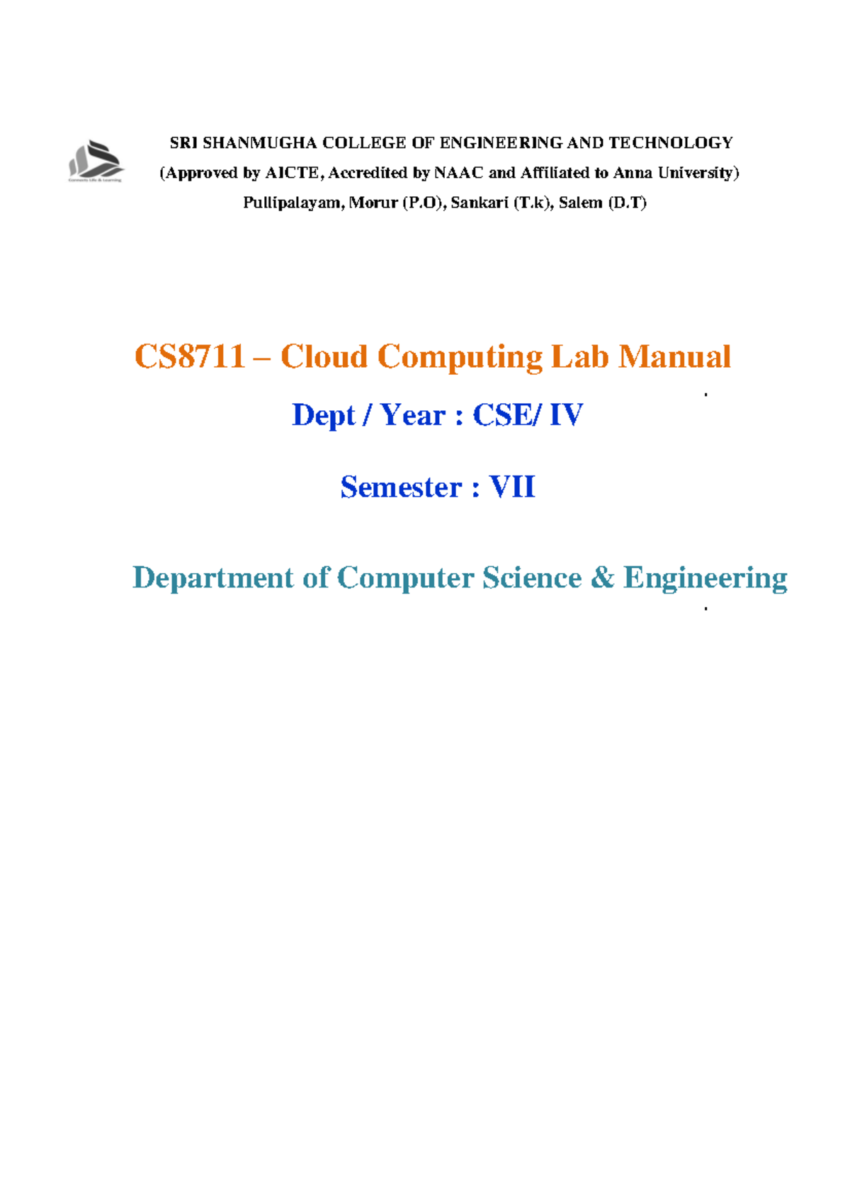 CS8711 Cloud Computing Lab Manual: Experiments and Procedures Guide ...