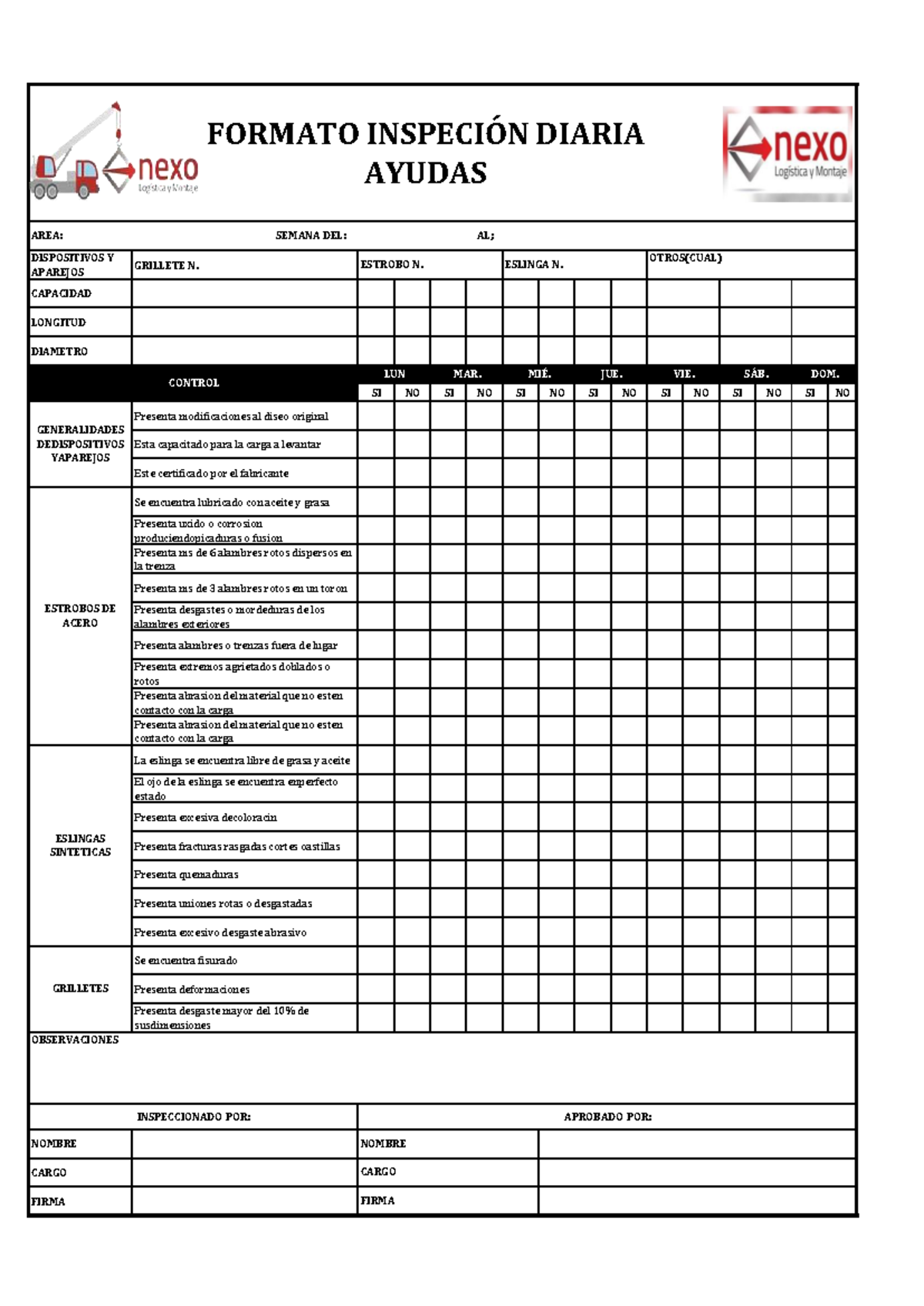 Formato Inspección Diaria Ayudas: Dispositivos y Aparejos - Studocu