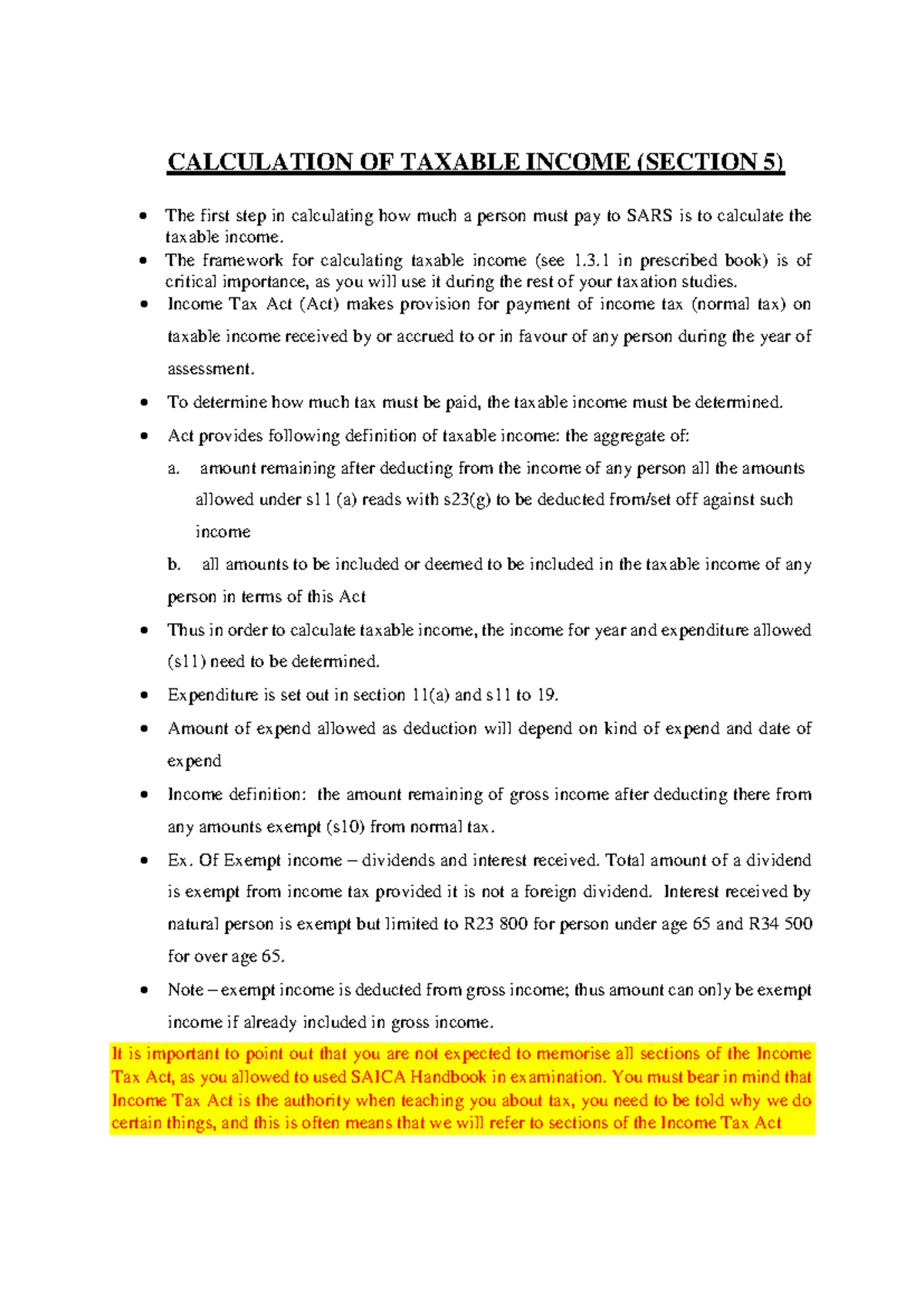 Calculation of Taxable Income & Normal Tax Payable (TAX101) - Studocu