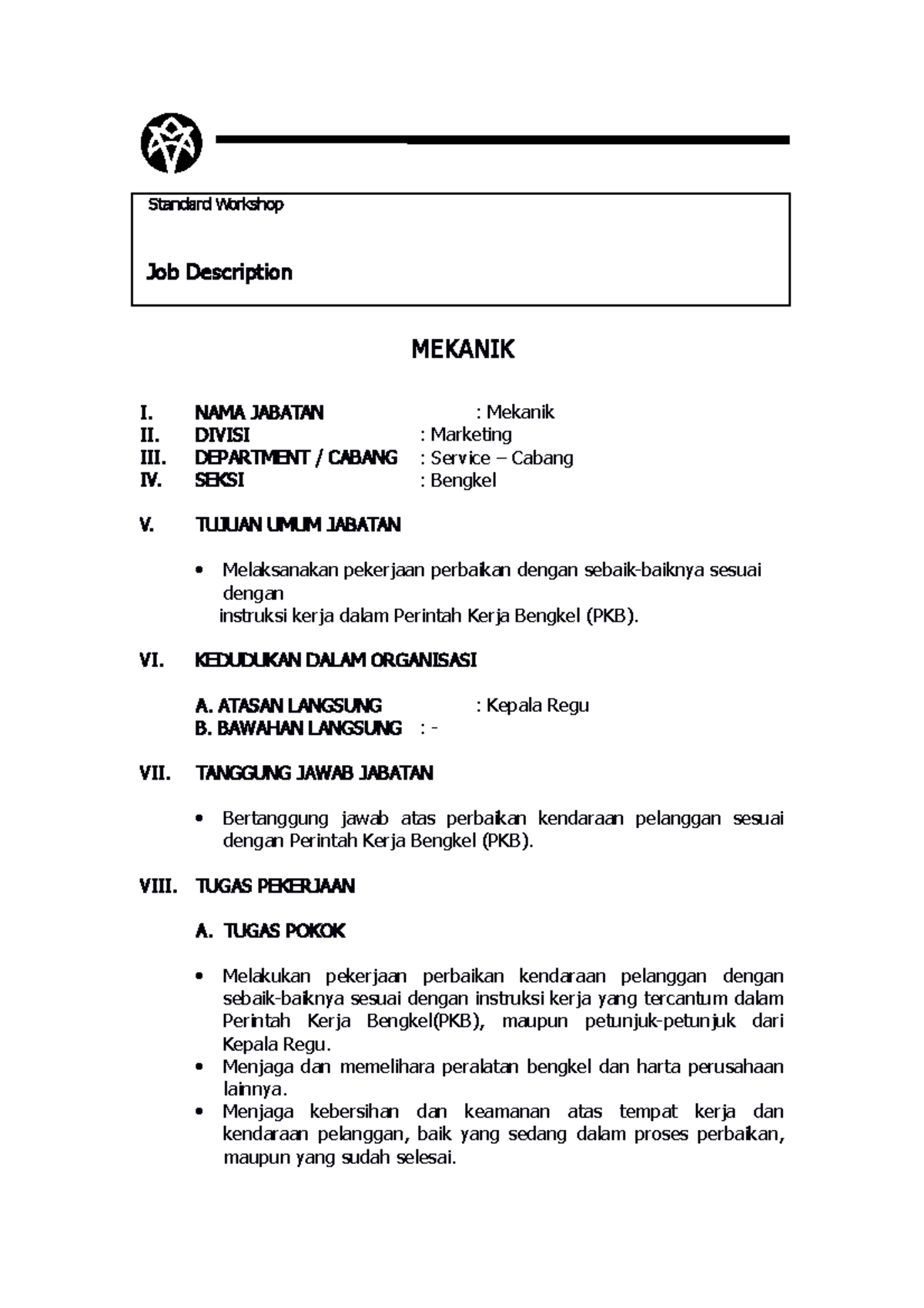 Job Desc Mekanik - Tugas dan Tanggung Jawab di Bengkel - Studocu