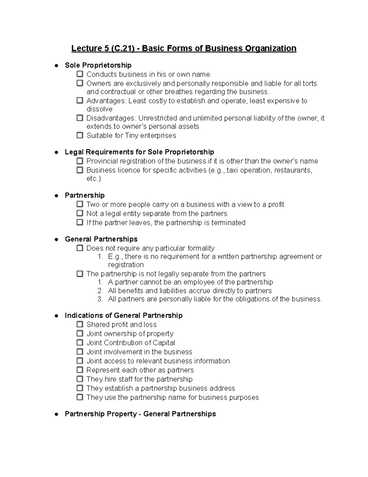 Law Final Notes - Lecture 5 (C) - Basic Forms of Business Organization ...