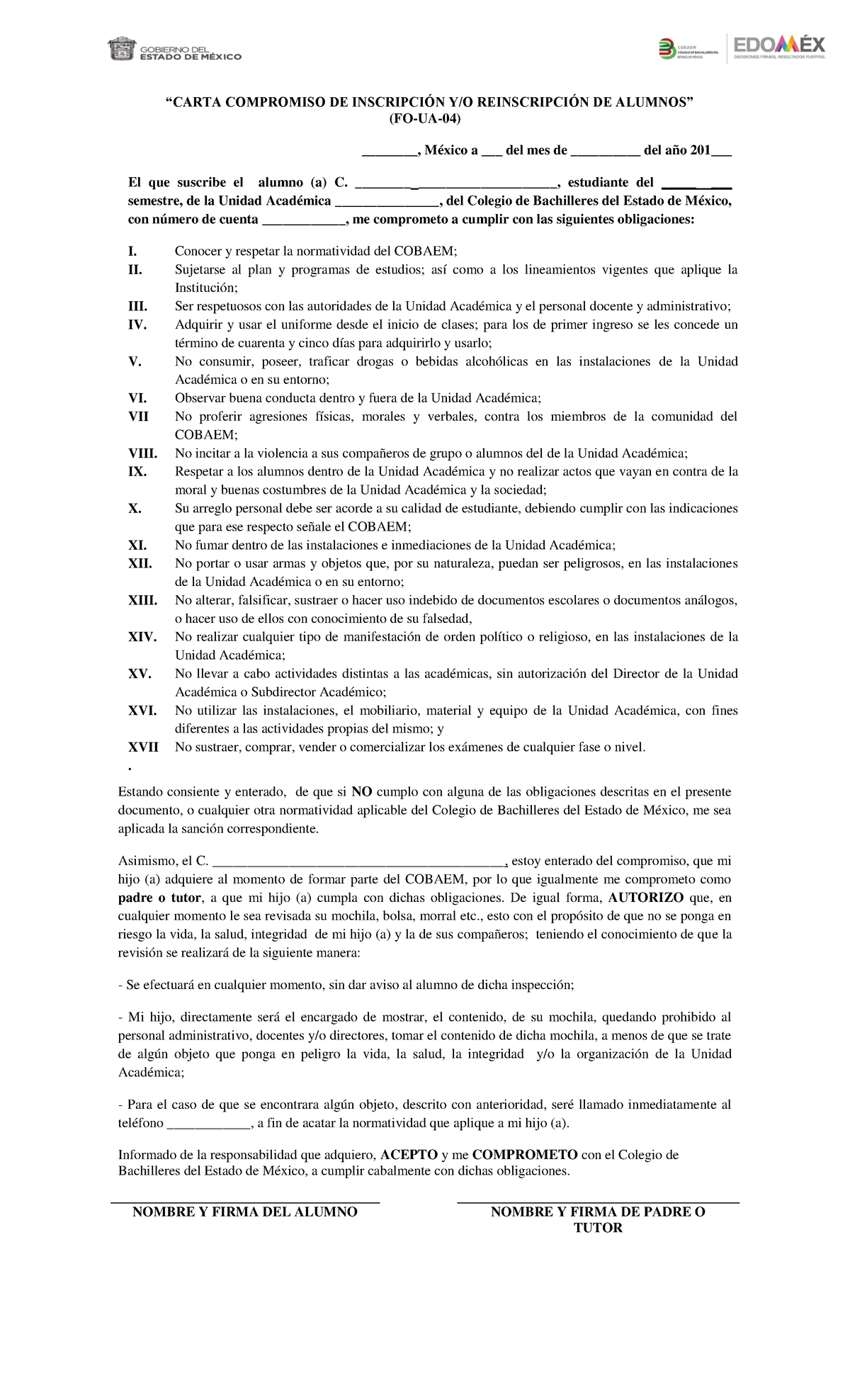 Carta Compromiso de Inscripción - Colegio de Bachilleres del Estado de ...