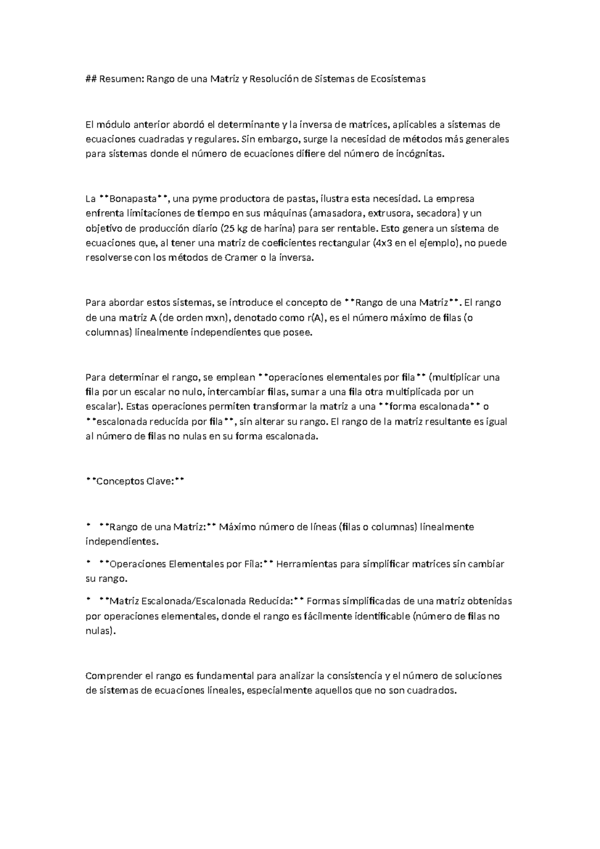 Resumen: Rango de Matrices y Sistemas de Ecuaciones - Matemáticas 1 ...